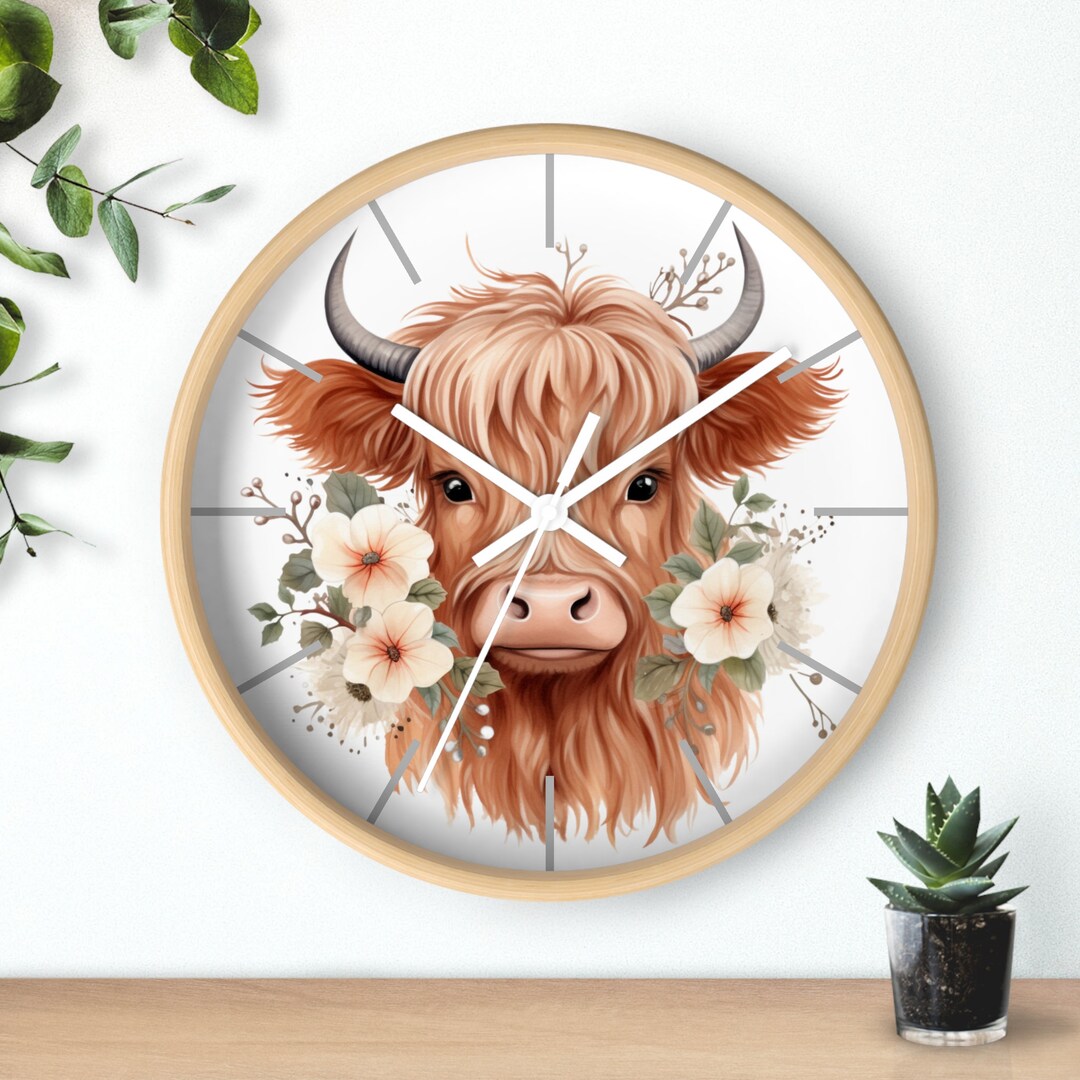 Floral Highland Cow Wall Clock, Boho Country Gifts, Highland Cow Gifts ...
