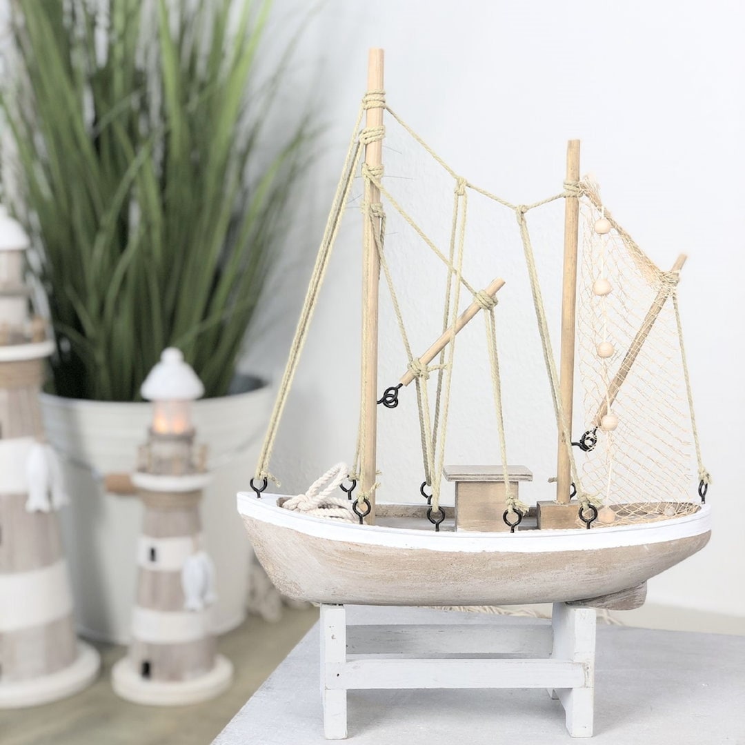 Wooden Ship 40 Cm, Fishing Cutter With Net, Maritime Decoration for ...