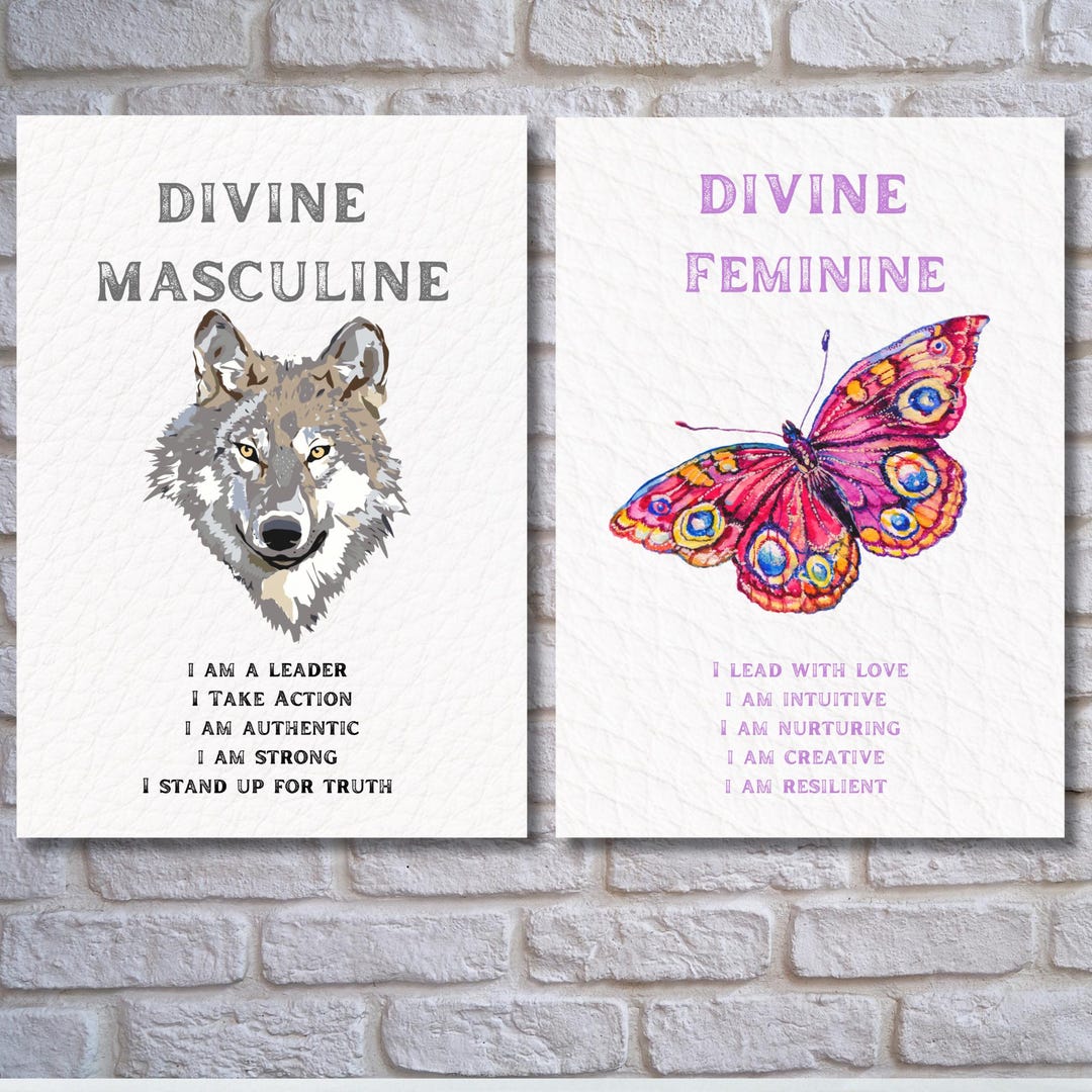 Divine Masculine and Divine Feminine Set of 2 Posters, Wolf Wall Art ...