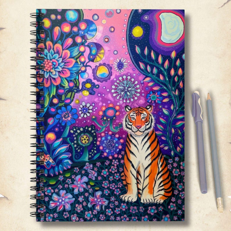 Spiral Notebook - Tiger in Mythical Floral Moonlit Garden, Folk Art ...