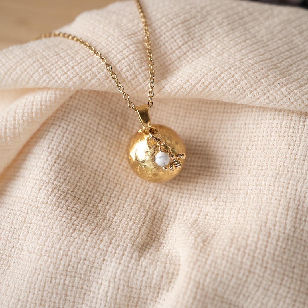 Brushed Gold-plated Pregnancy Bola, Engraved Medal and Natural Stone ...