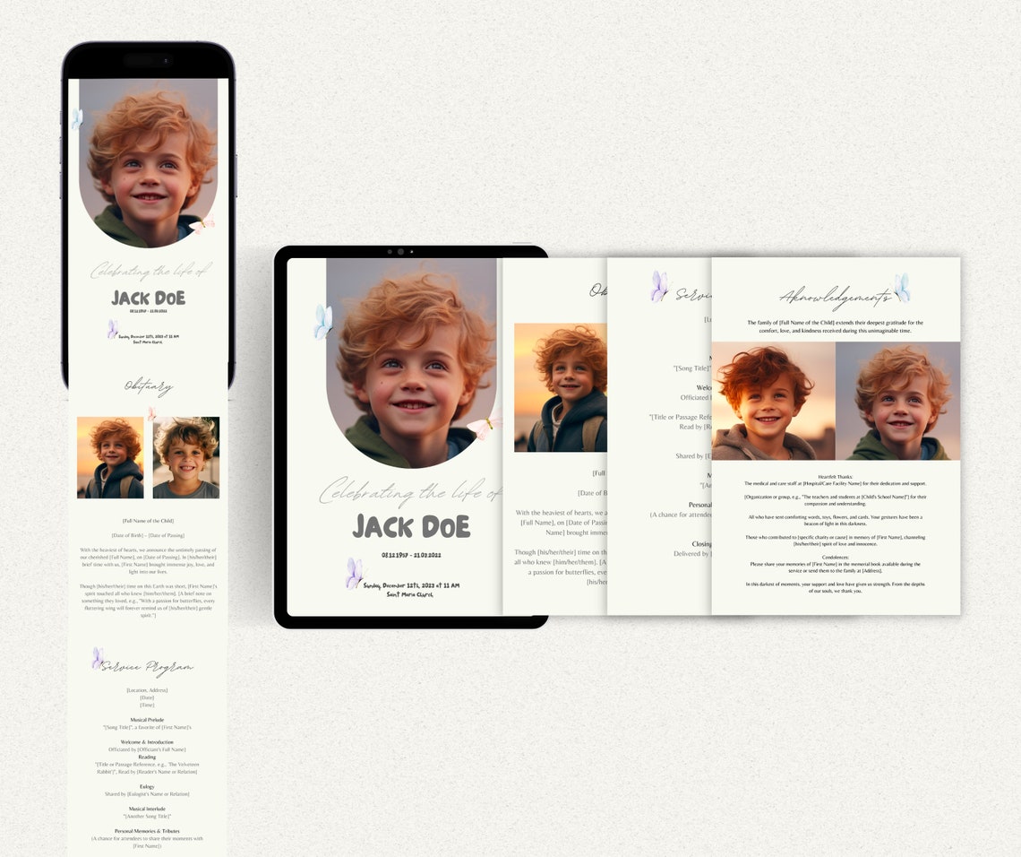 Editable Butterfly Child Funeral Program Template Set, Memorial Program ...