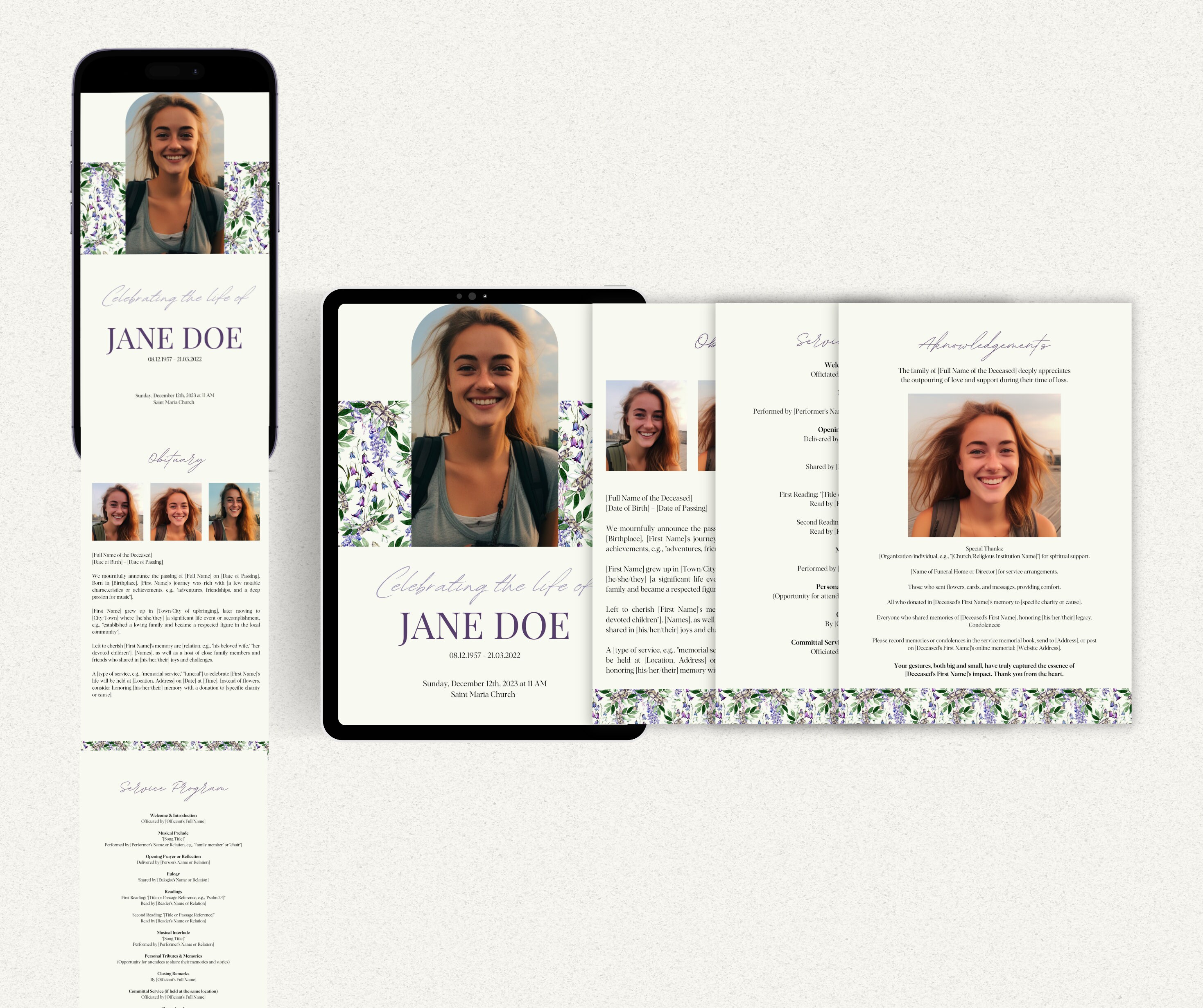 Editable Purple Flowers Funeral Program Canva Template Set - Etsy