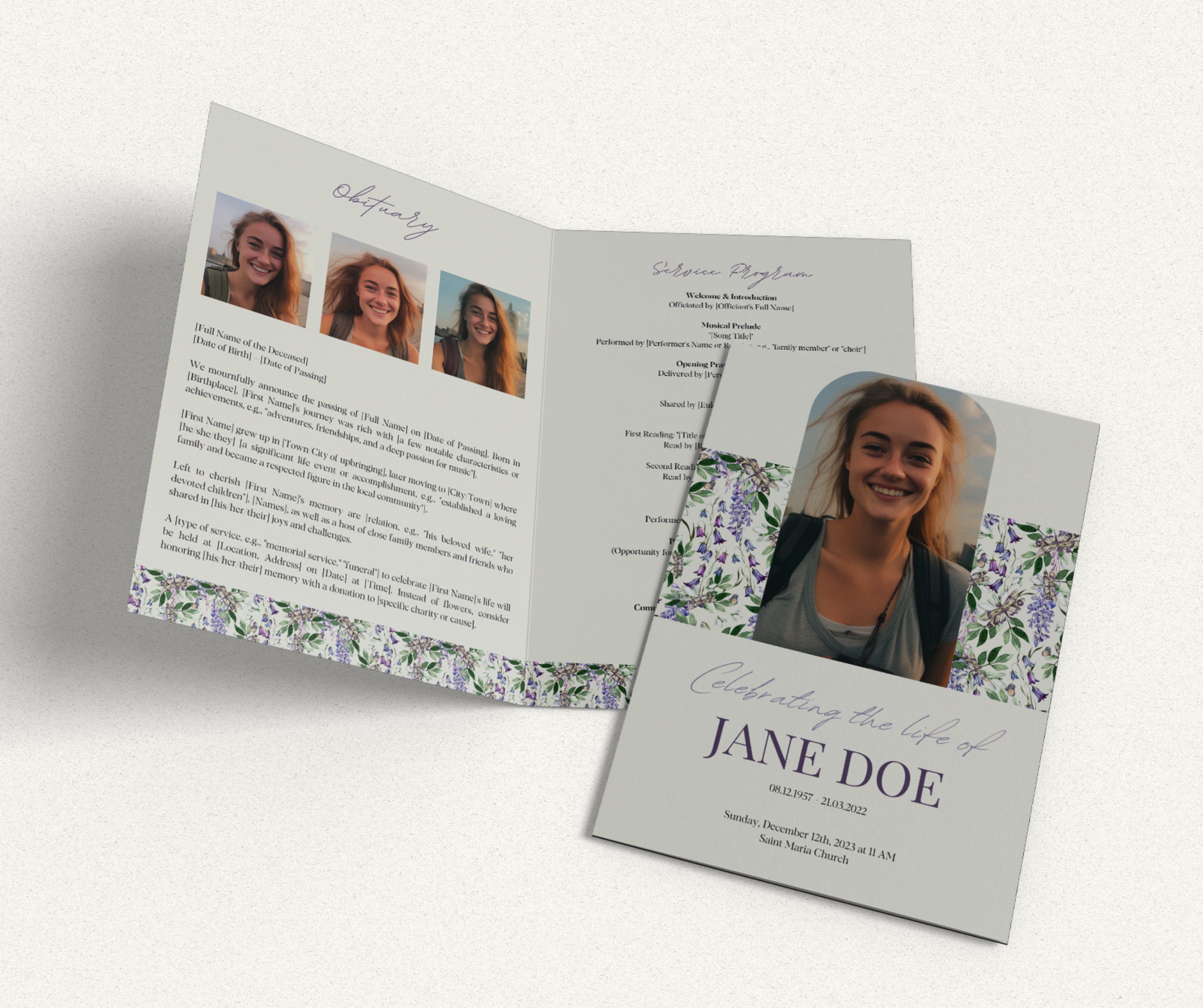 Editable Purple Flowers Funeral Program Canva Template Set, Memorial ...