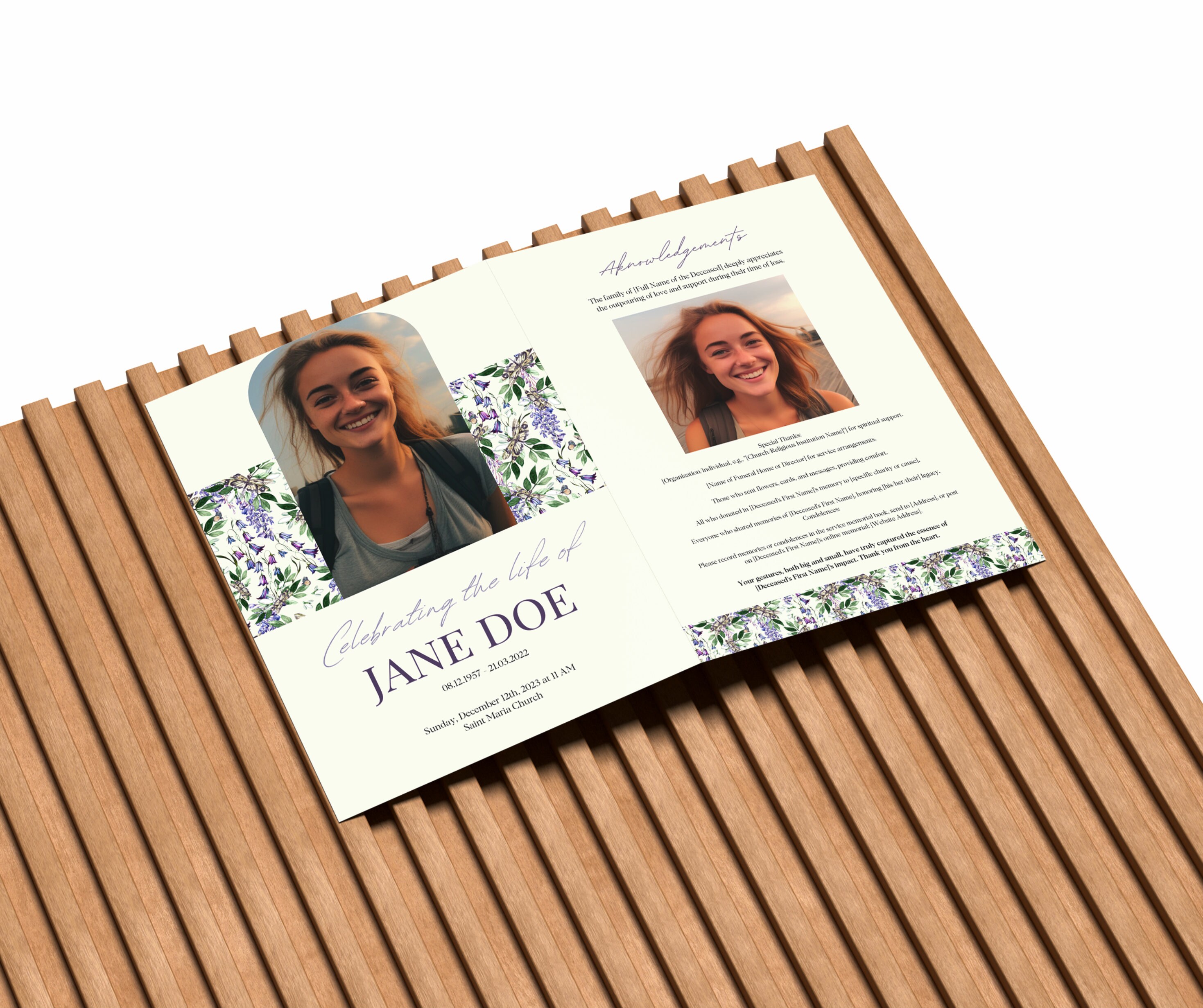 Editable Purple Flowers Funeral Program Canva Template Set, Memorial ...