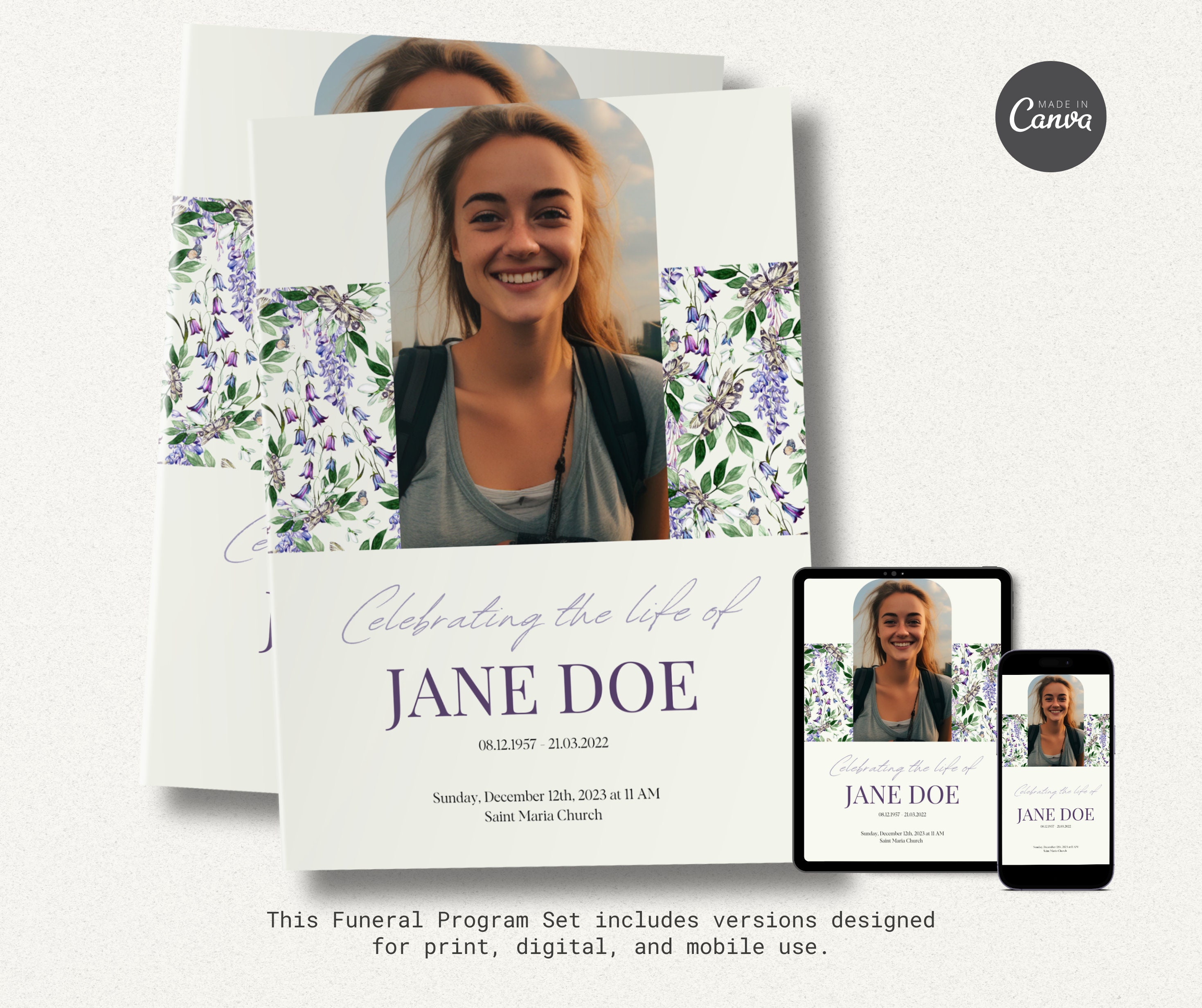 Editable Purple Flowers Funeral Program Canva Template Set - Etsy