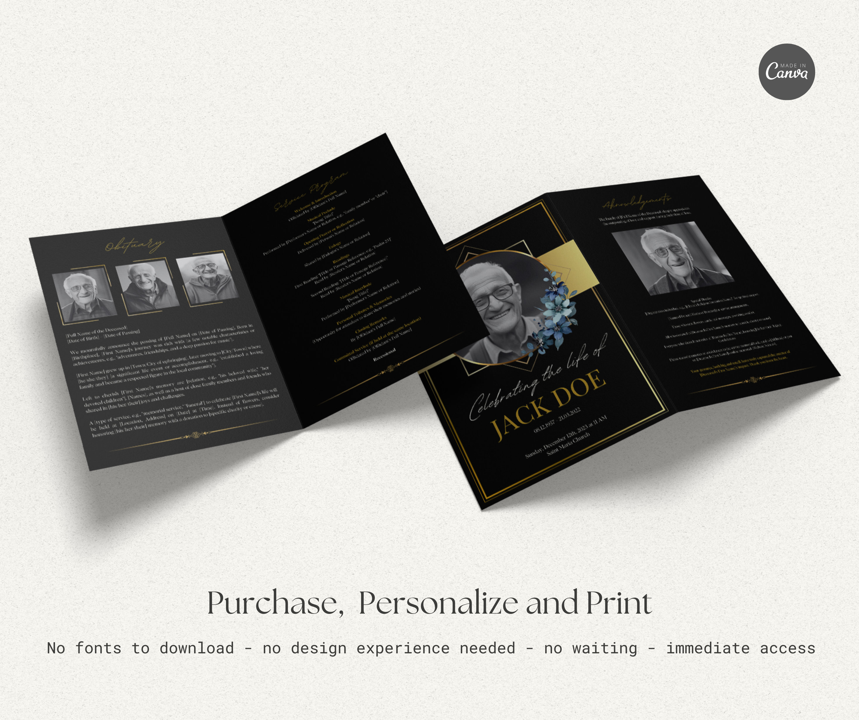 Editable Funeral Black Gold Flower Program Canva Template Set, Memorial ...