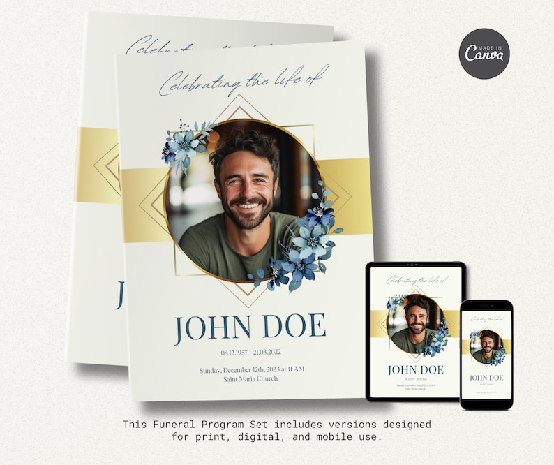 Blue & Gold Floral Funeral Program Template: Celebration of Life ...