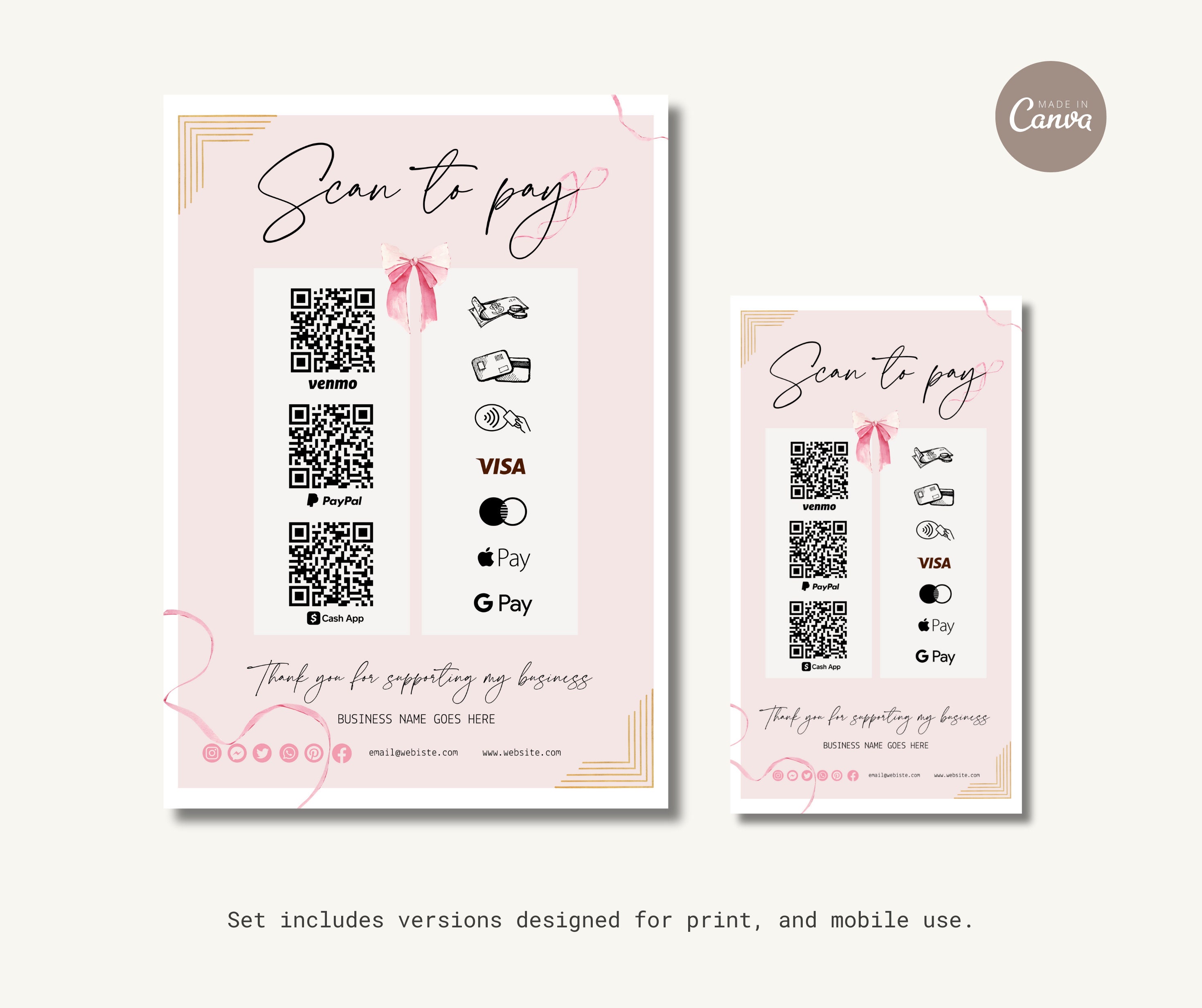 Cute Pink Scan to Pay Canva Template Set Editable QR Code - Etsy