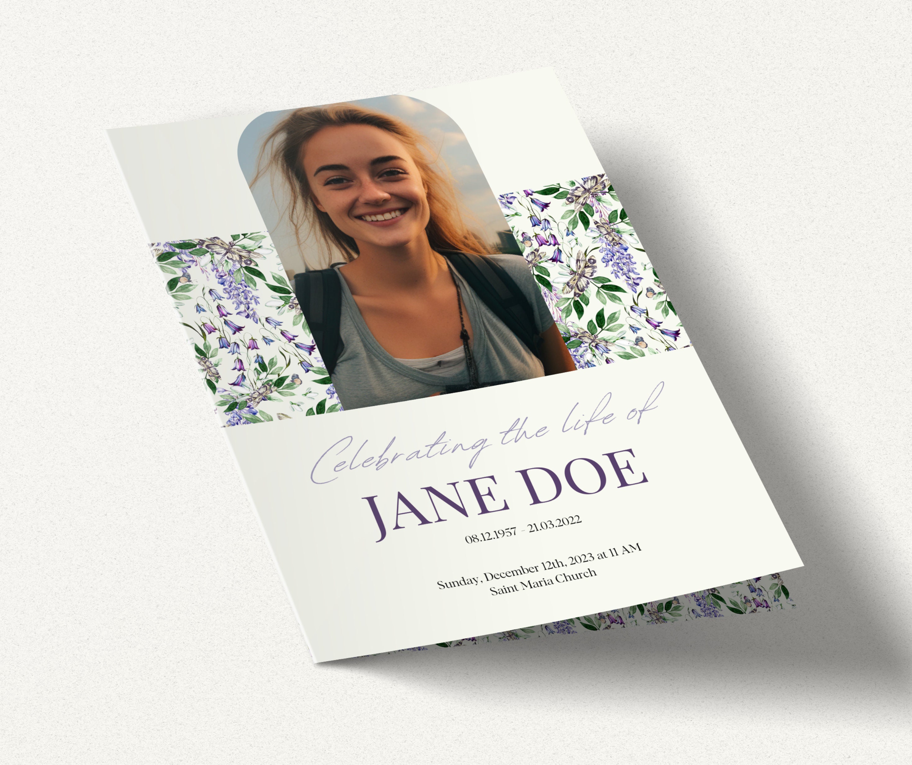 Editable Purple Flowers Funeral Program Canva Template Set, Memorial ...