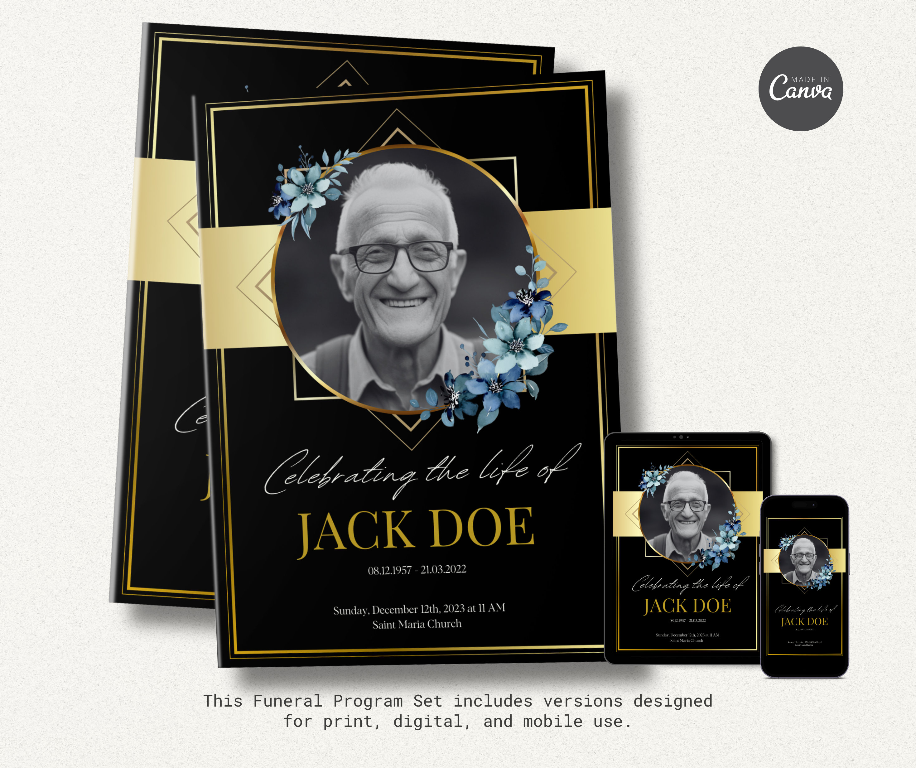 Editable Funeral Black Gold Flower Program Canva Template Set, Memorial ...