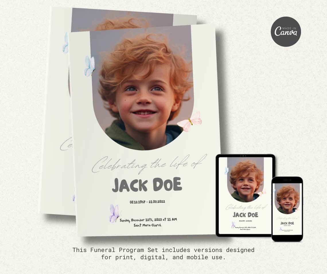 Editable Butterfly Child Funeral Program Template Set, Memorial Program ...
