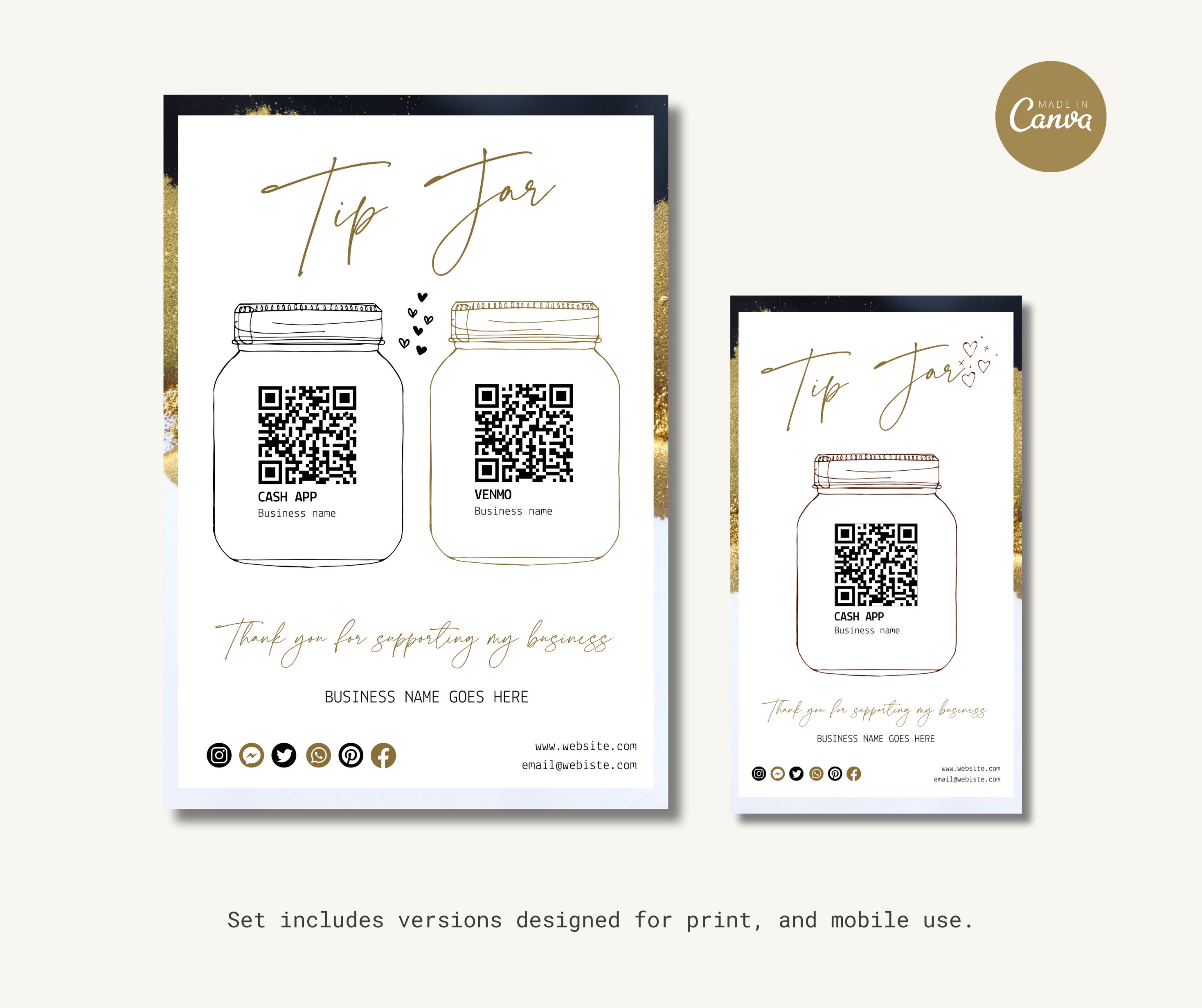Gold Tip Jar Scan to Pay Canva Template Set, QR Code Sign Template ...