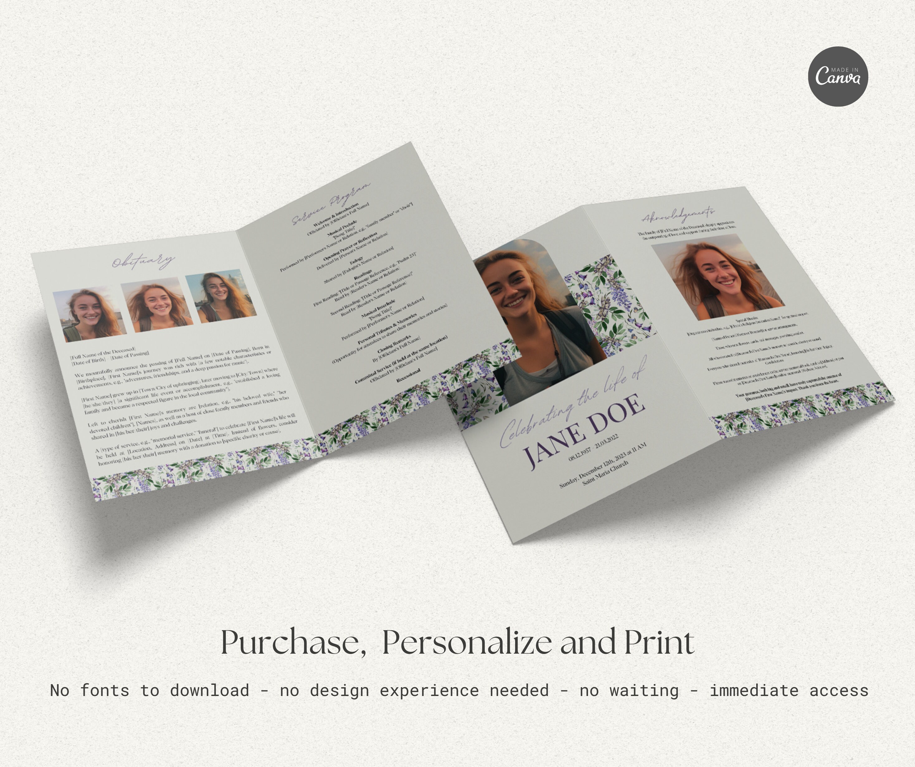 Editable Purple Flowers Funeral Program Canva Template Set, Memorial ...