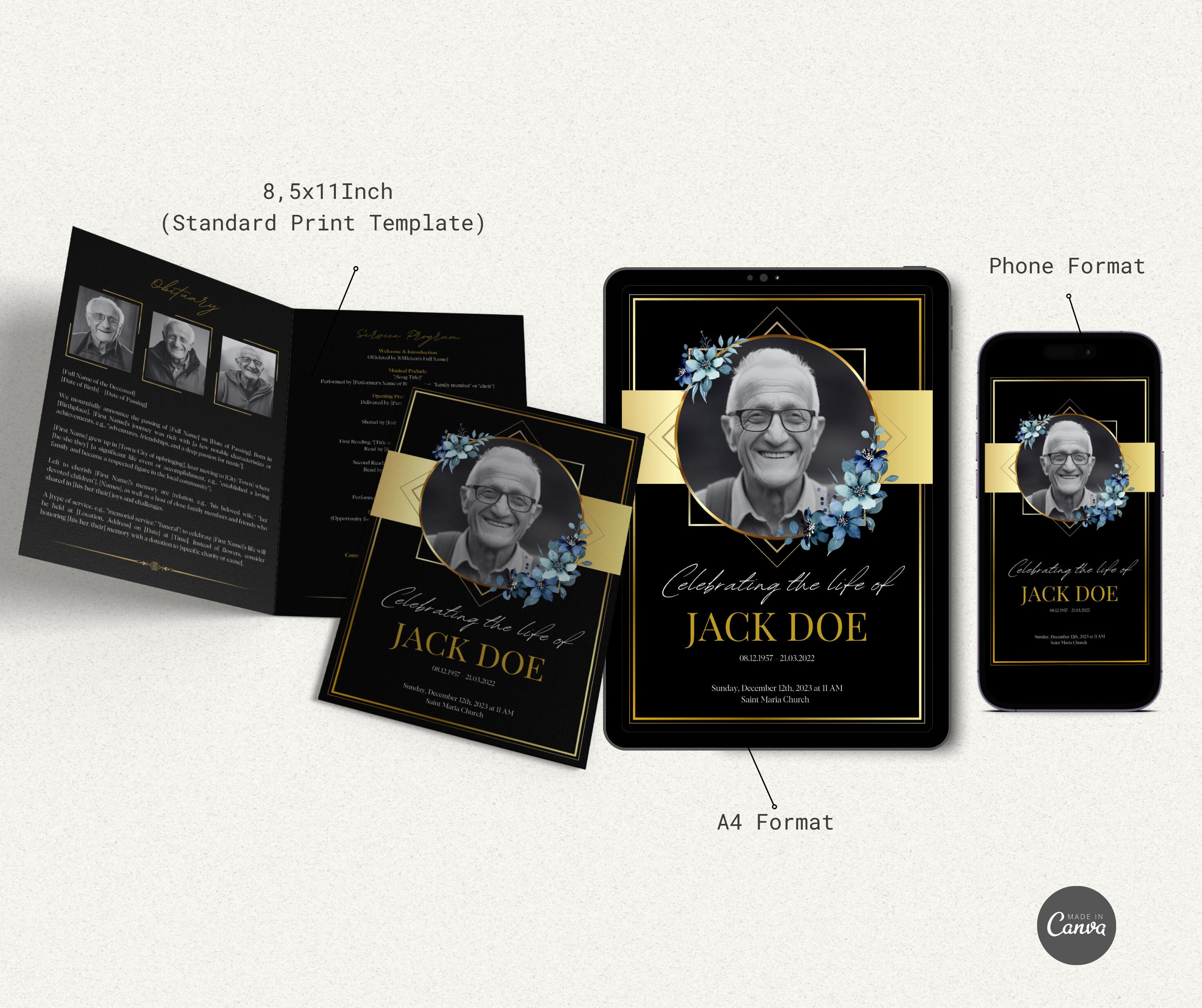 Editable Funeral Black Gold Flower Program Canva Template Set, Memorial ...