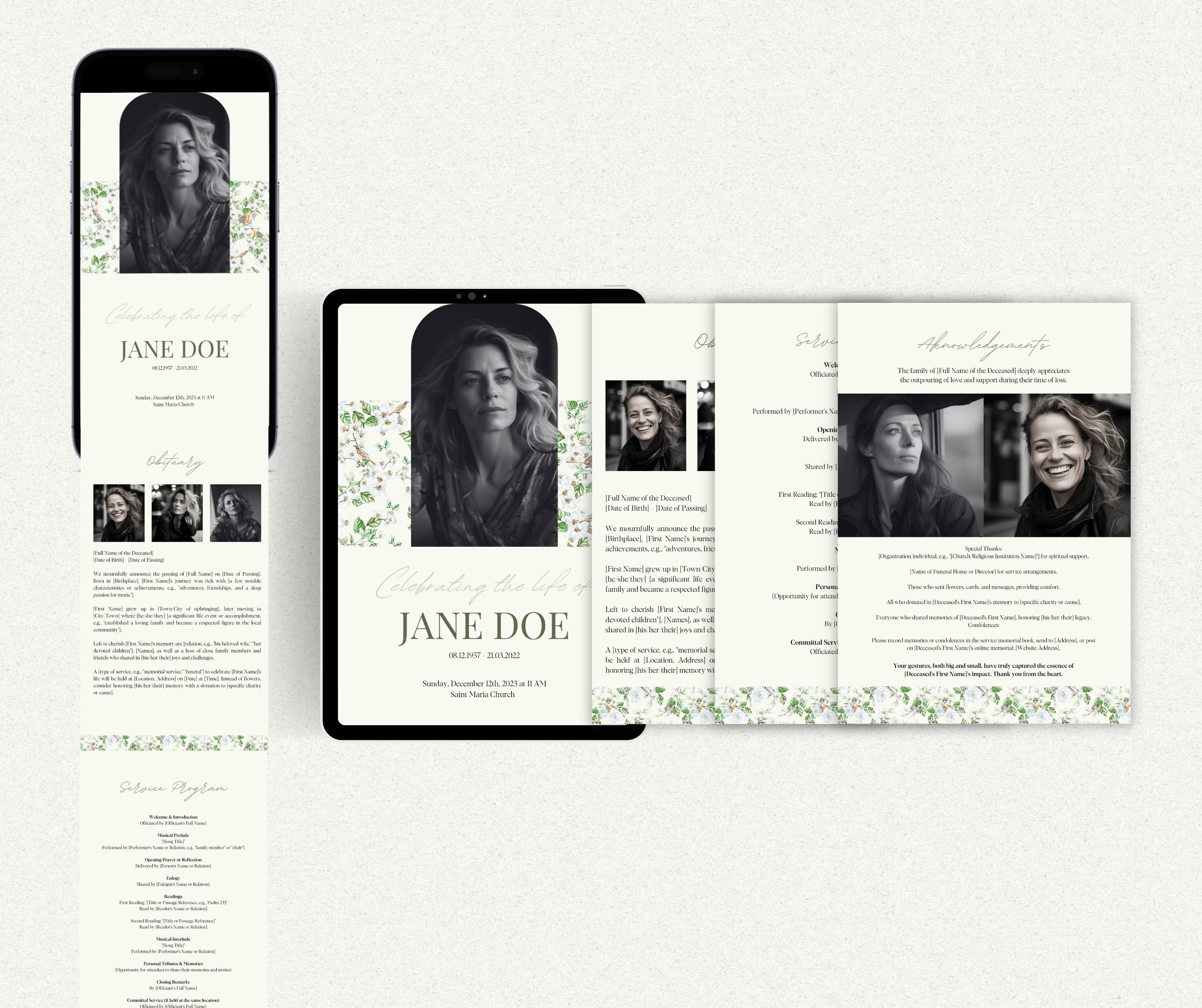 Editable White Flowers Funeral Program Canva Template Set - Etsy