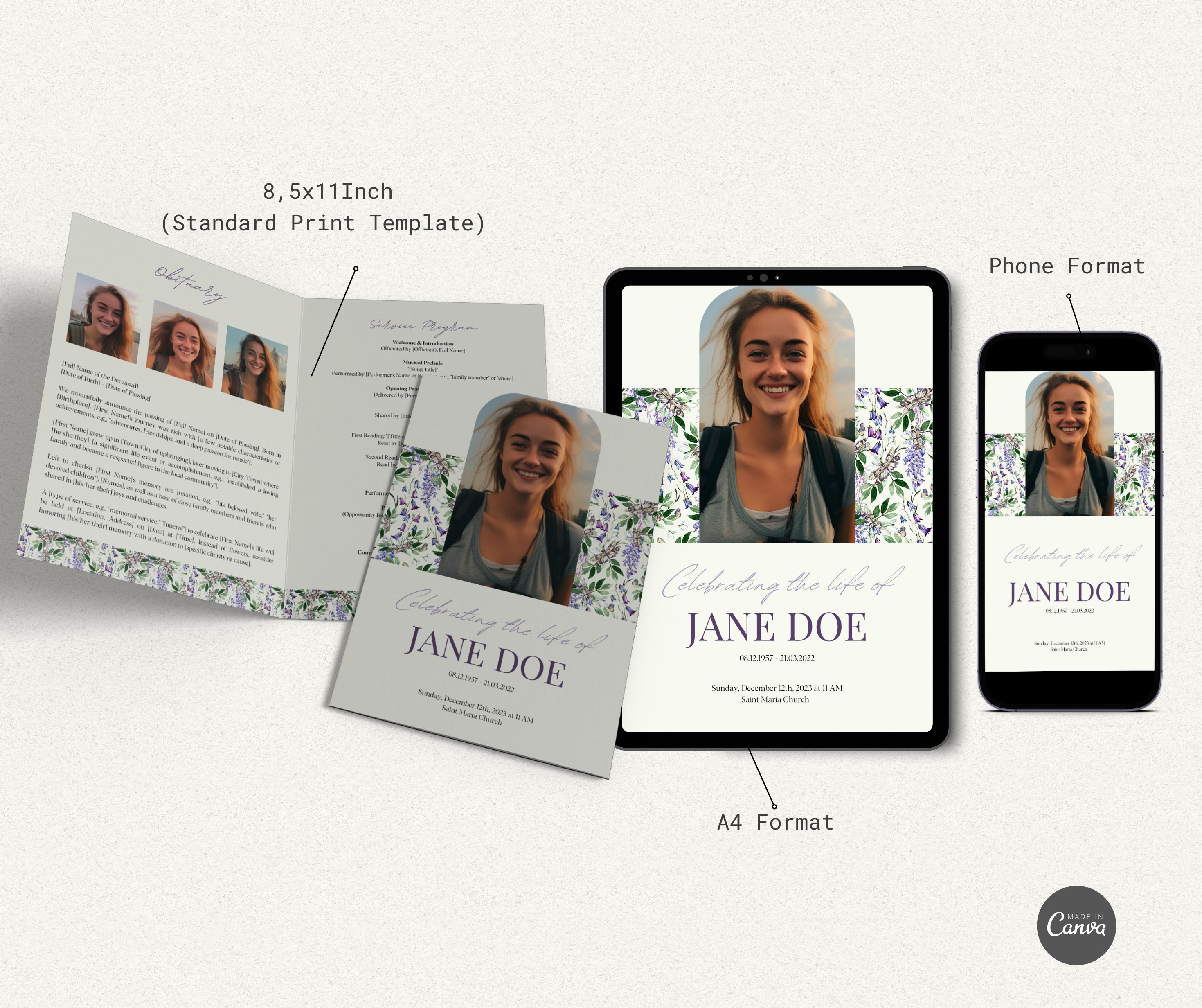Editable Purple Flowers Funeral Program Canva Template Set, Memorial ...