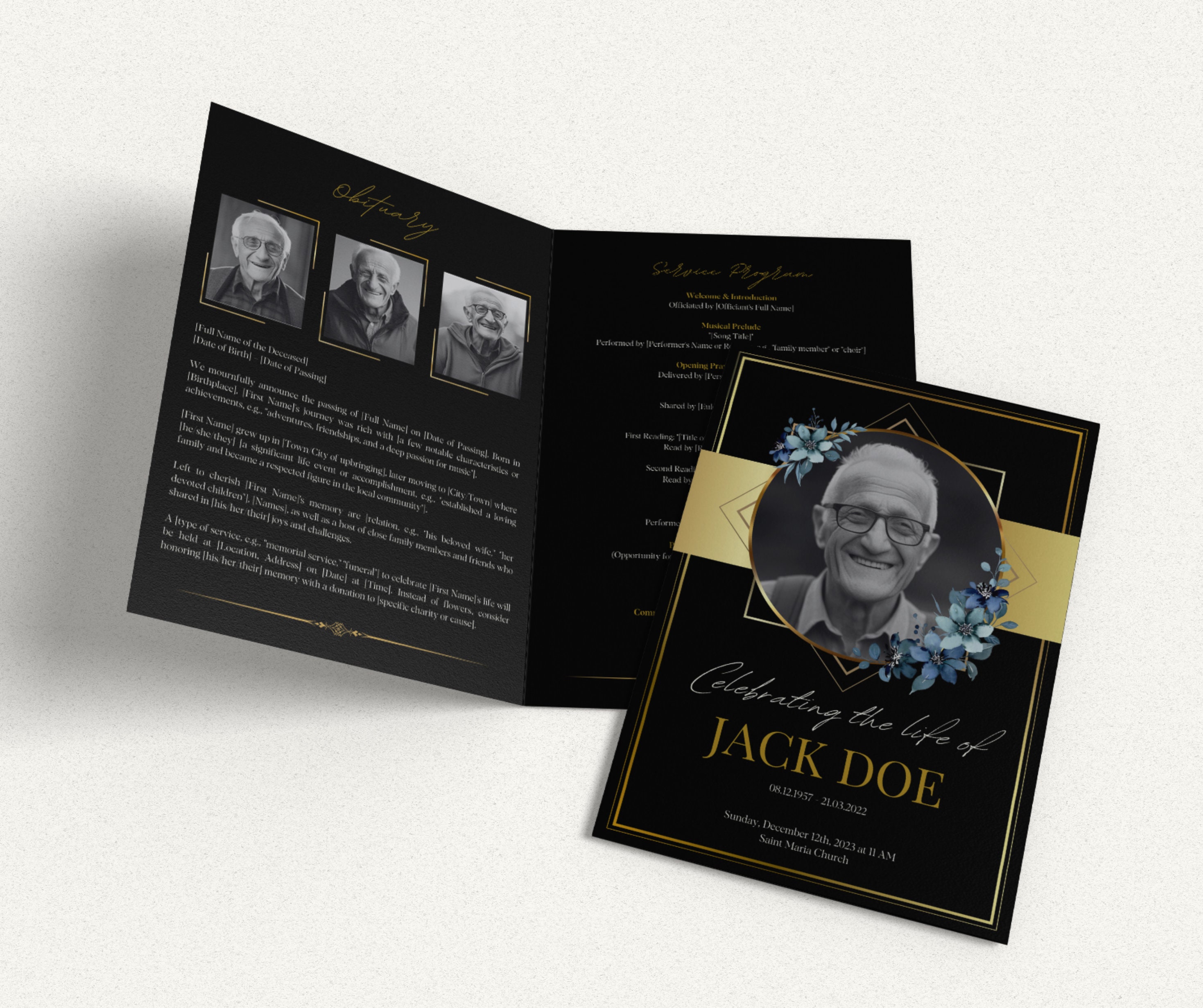 Editable Funeral Black Gold Flower Program Canva Template Set, Memorial ...