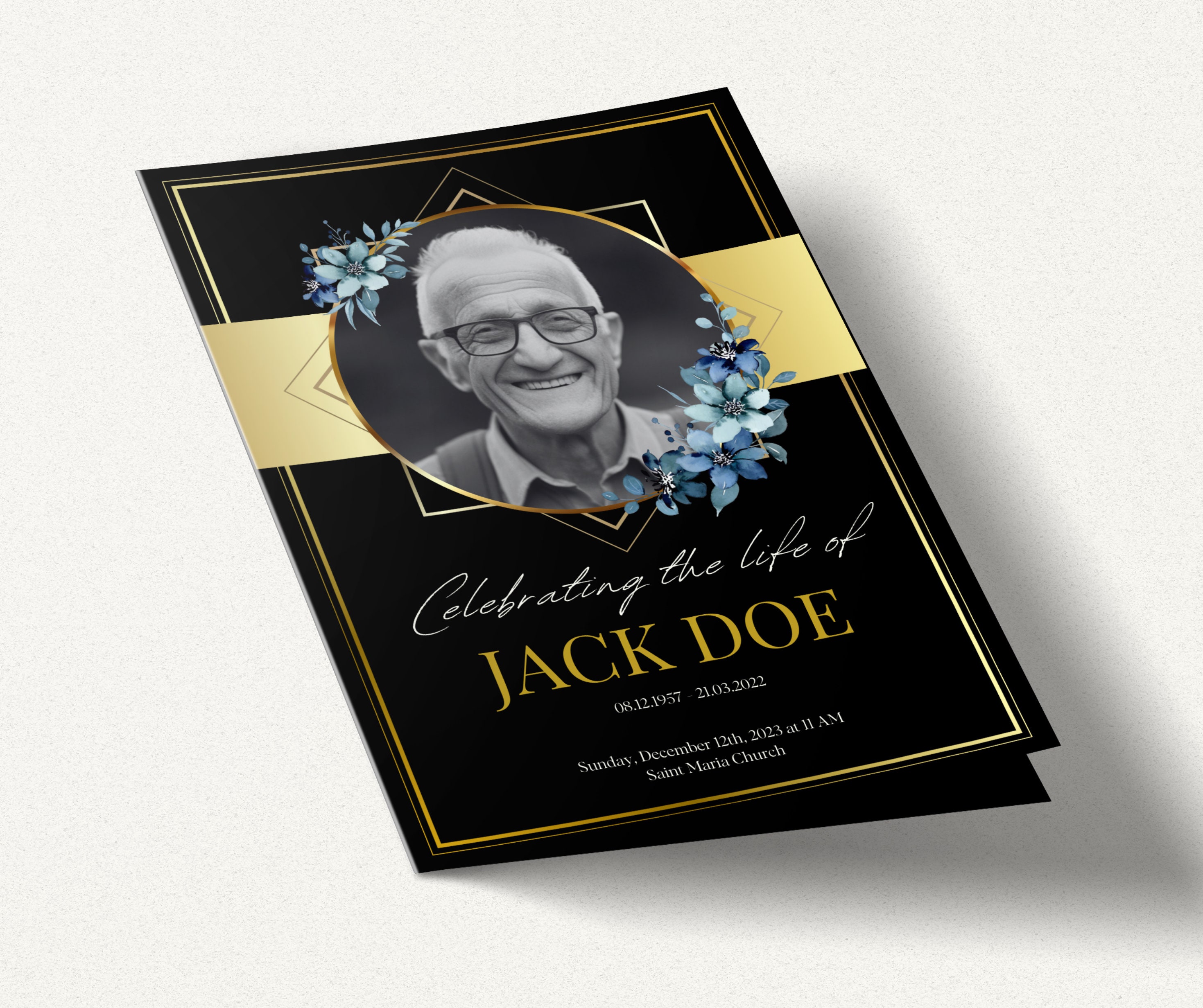 Editable Funeral Black Gold Flower Program Canva Template Set, Memorial ...