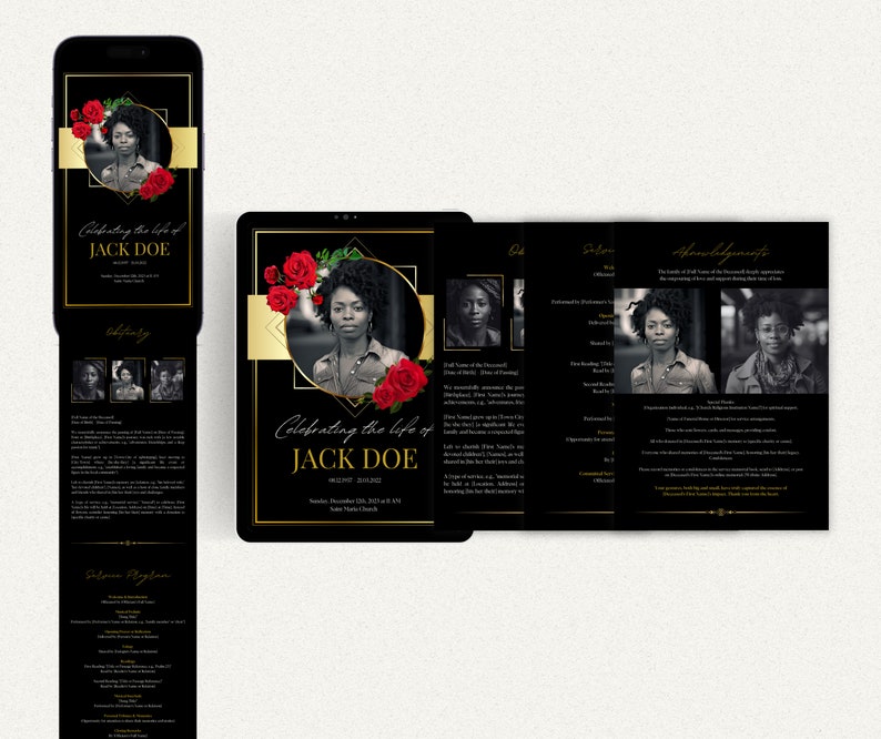 Editable Funeral Black Gold Roses Program Template Set, Memorial ...