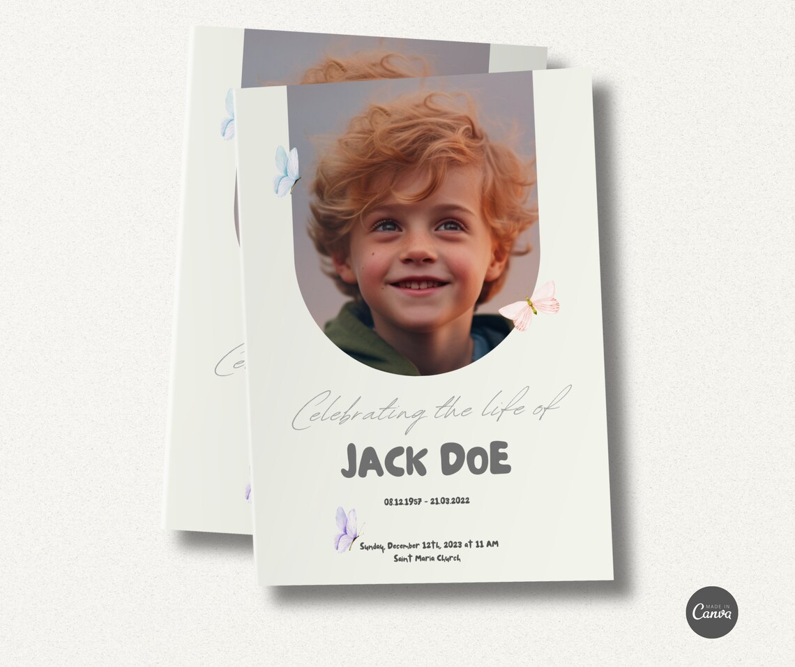 Editable Butterfly Child Funeral Program Template Set, Memorial Program ...