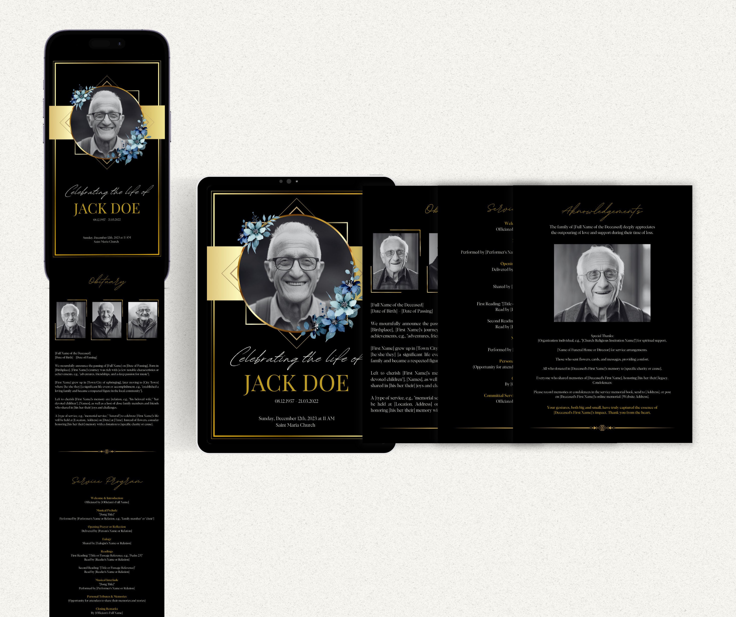 Editable Funeral Black Gold Flower Program Canva Template Set, Memorial ...