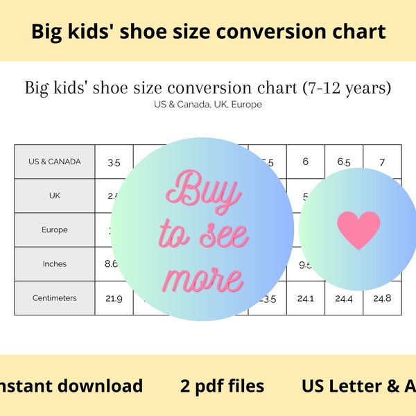 Shoe Size Conversion Table - Etsy