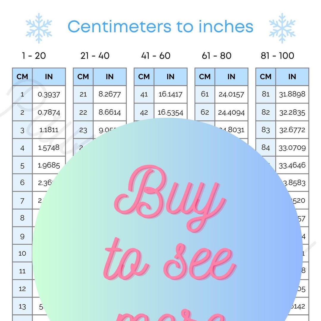 WINTER Centimeters to Inches Conversion Chart 1 Page Table 1-100 Cm to Inch Metric to Imperial ...