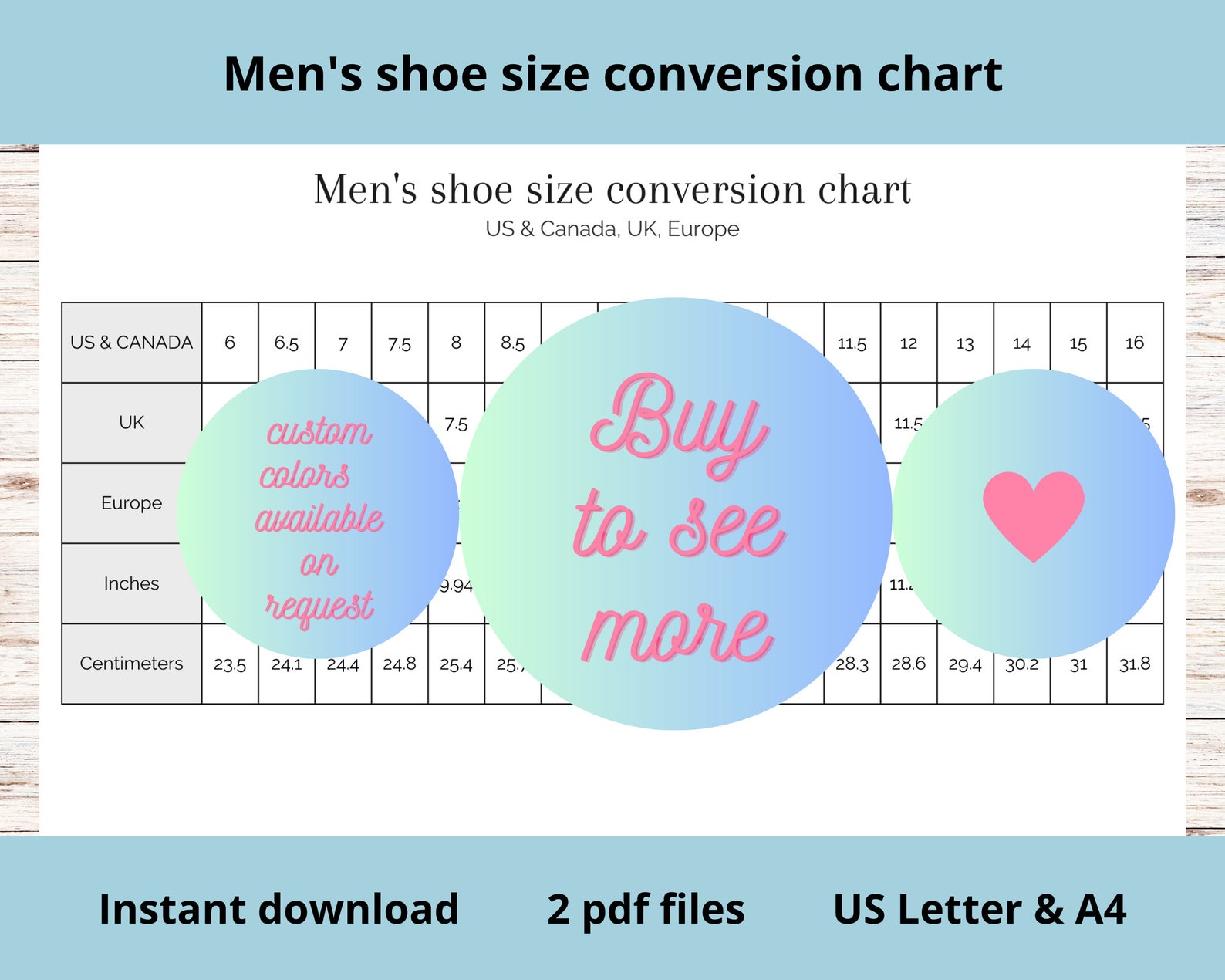 Men's Shoe Size Conversion Chart Printable US Canada UK Europe Shoe ...