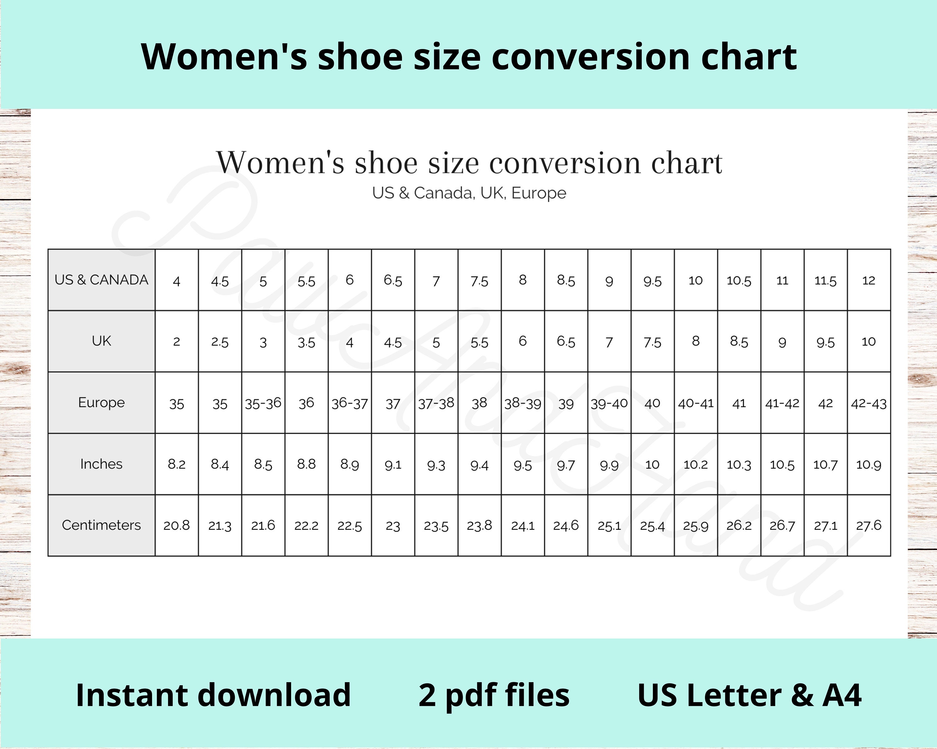 Women's Shoe Size Conversion Chart Printable US Canada UK - Etsy UK
