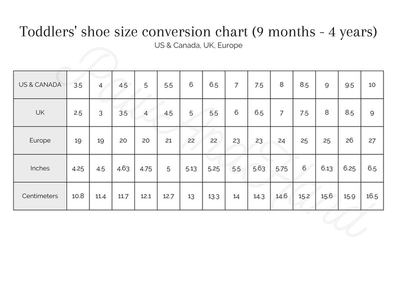 Toddlers Shoe Size Conversion Chart Printable US UK Europe Etsy
