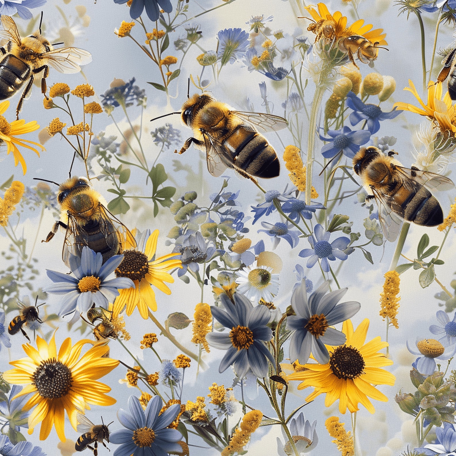 Honeybee Wildflower Seamless Pattern, Photorealistic Digital Paper ...