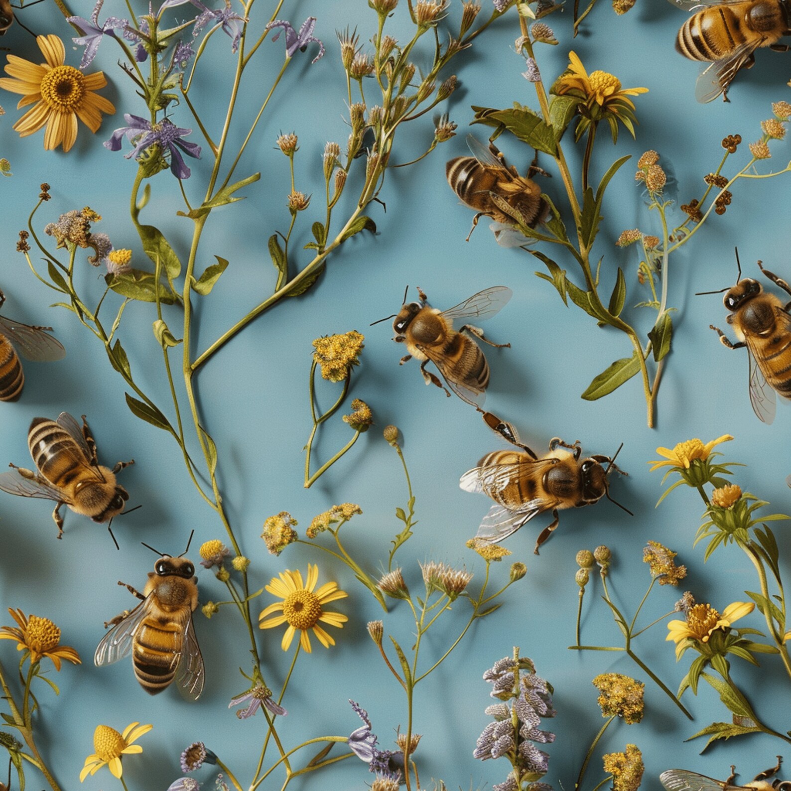 Honeybee Wildflower Seamless Pattern, Photorealistic Digital Paper ...