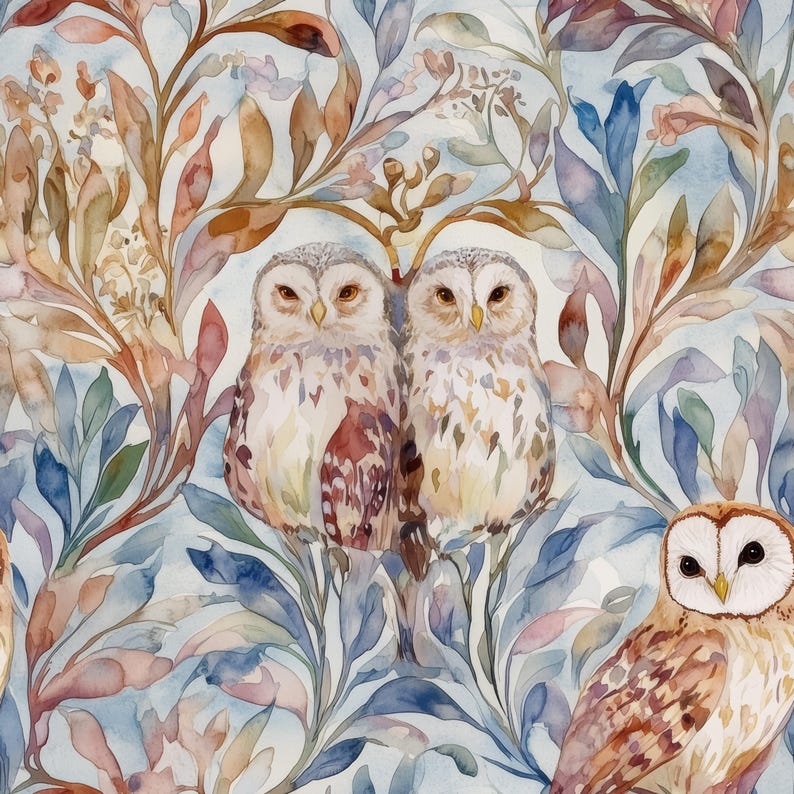 Nature Patterns, Wild Birds, Owls, Digital Paper Translucent Watercolor ...