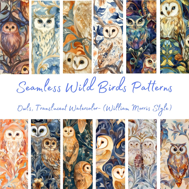 Nature Patterns, Wild Birds, Owls, Digital Paper Translucent Watercolor ...