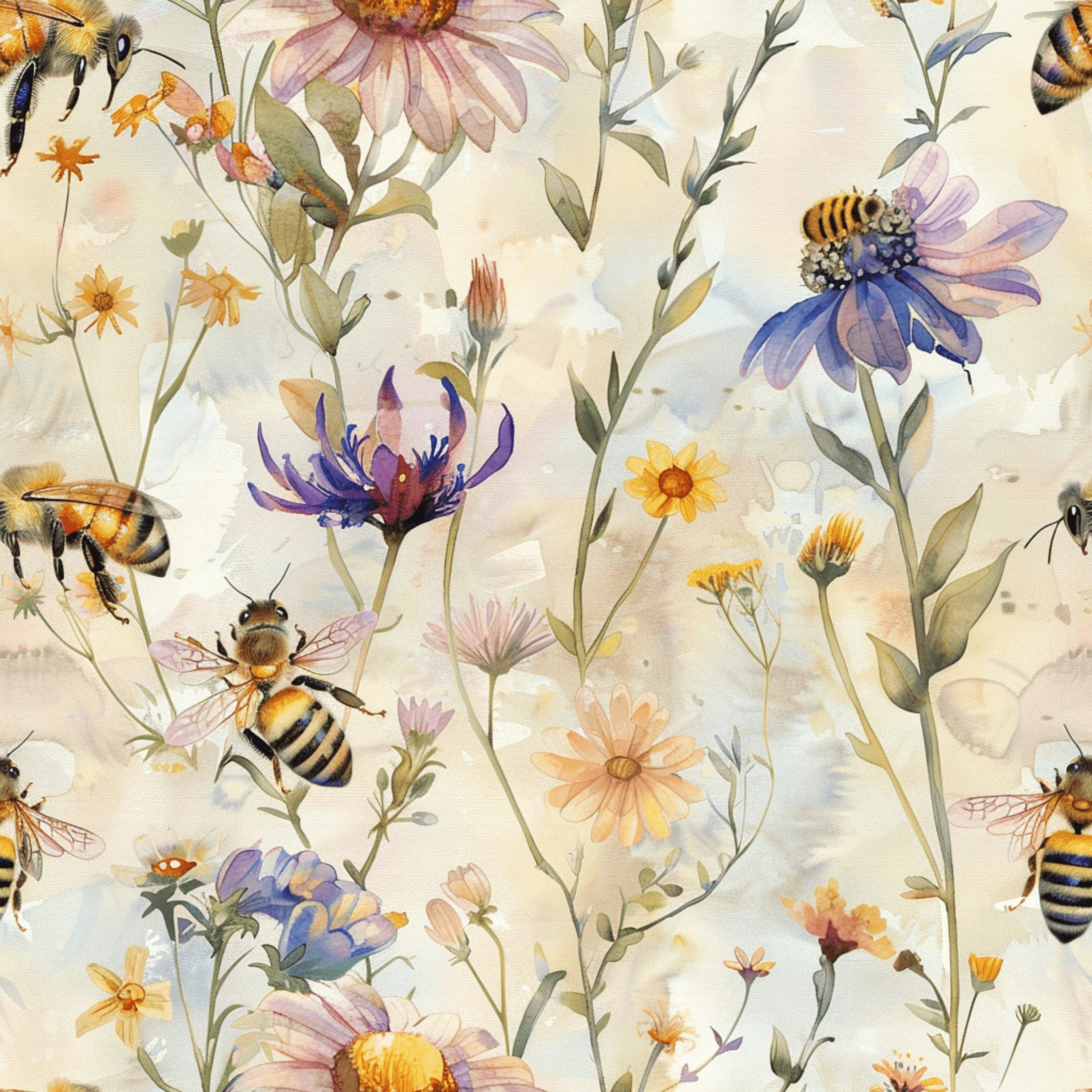Seamless Nature Patterns, Translucent Watercolor, Honeybees and ...