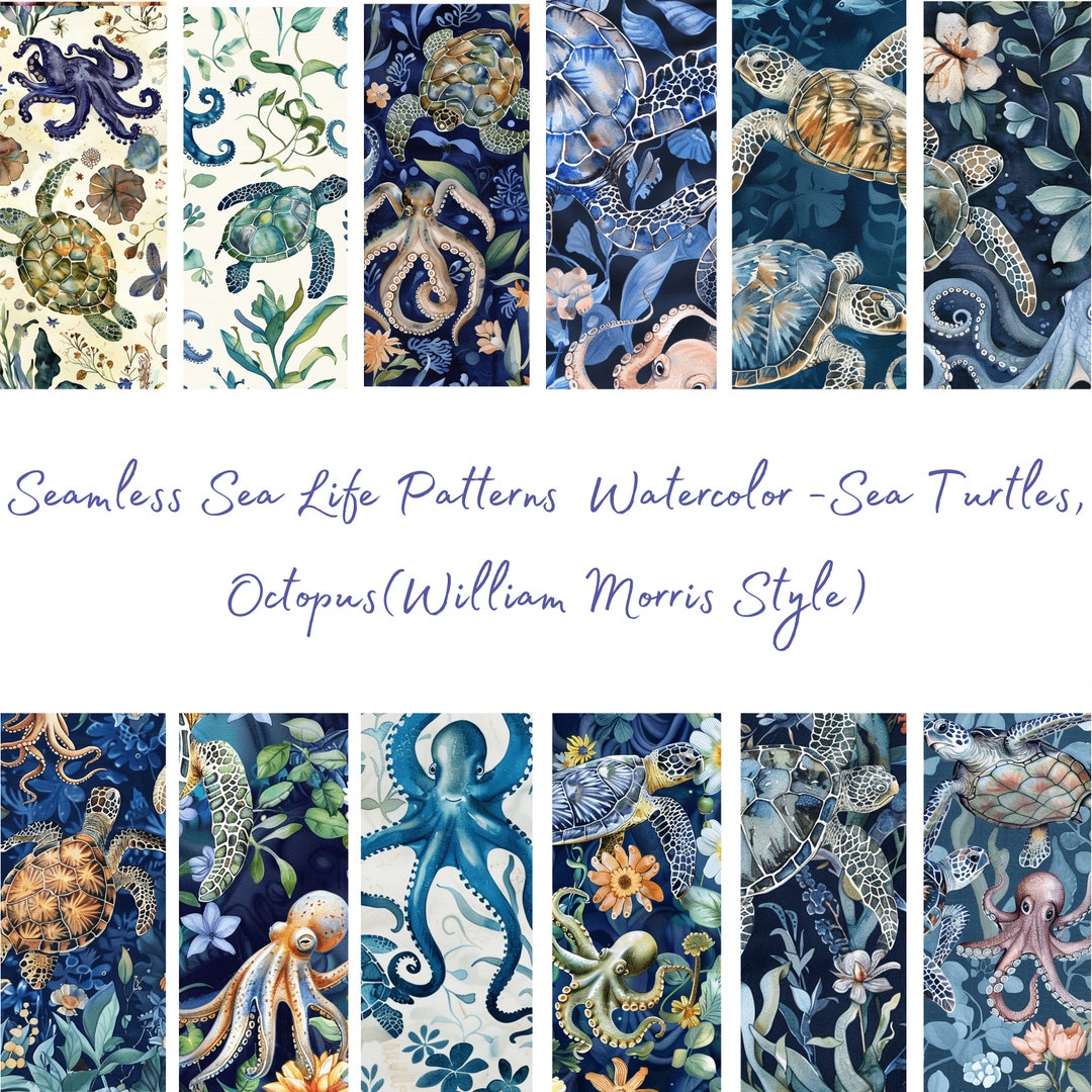 Sea Turtles, Octopus, William Morris Inspired- SEAMLESS - Watercolor ...