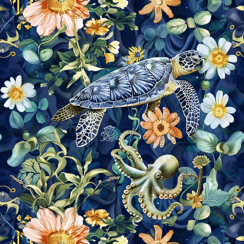 Sea Turtles, Octopus, William Morris Inspired- SEAMLESS - Watercolor ...