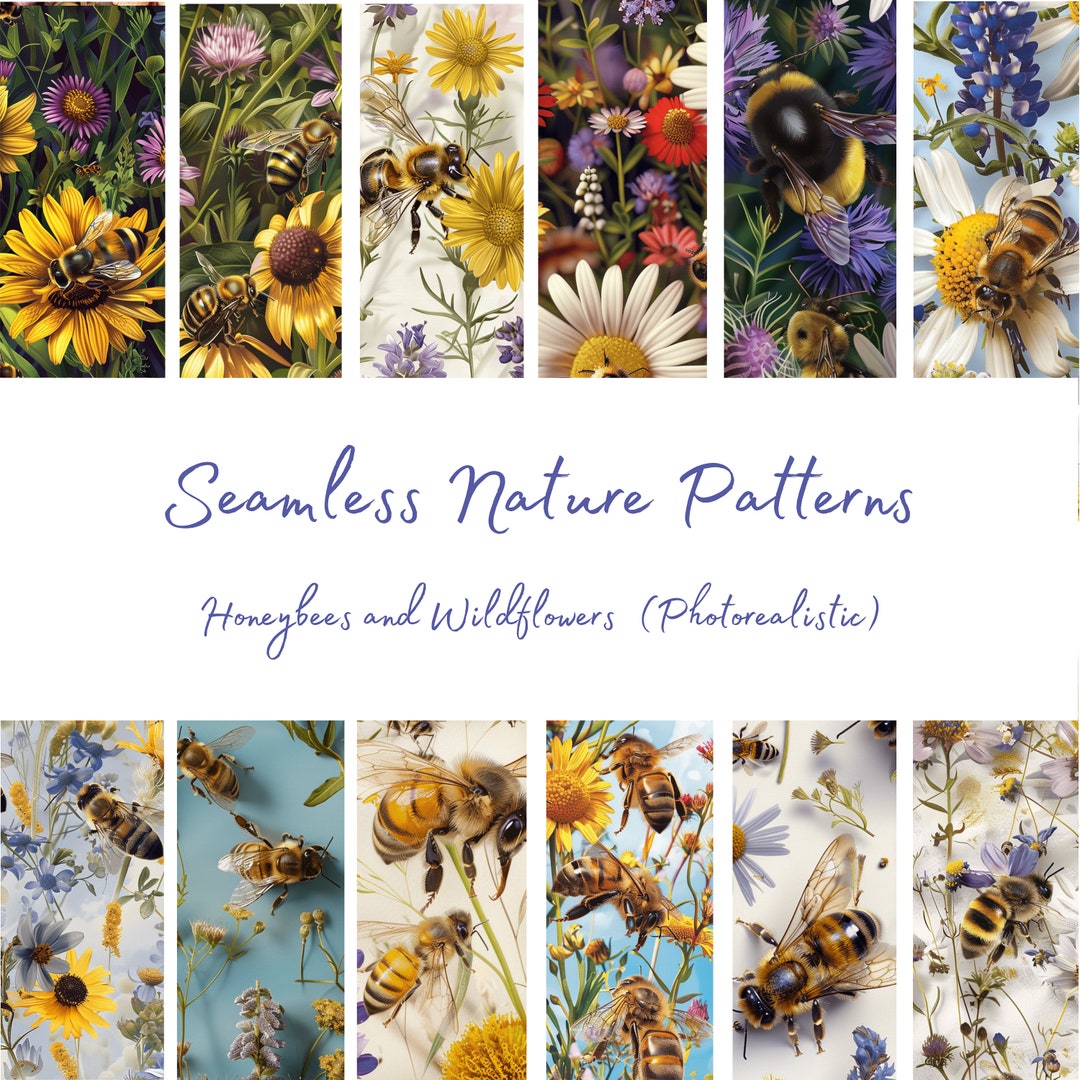 Seamless Nature Patterns, Honeybees and Wildflowers, Digital Paper ...