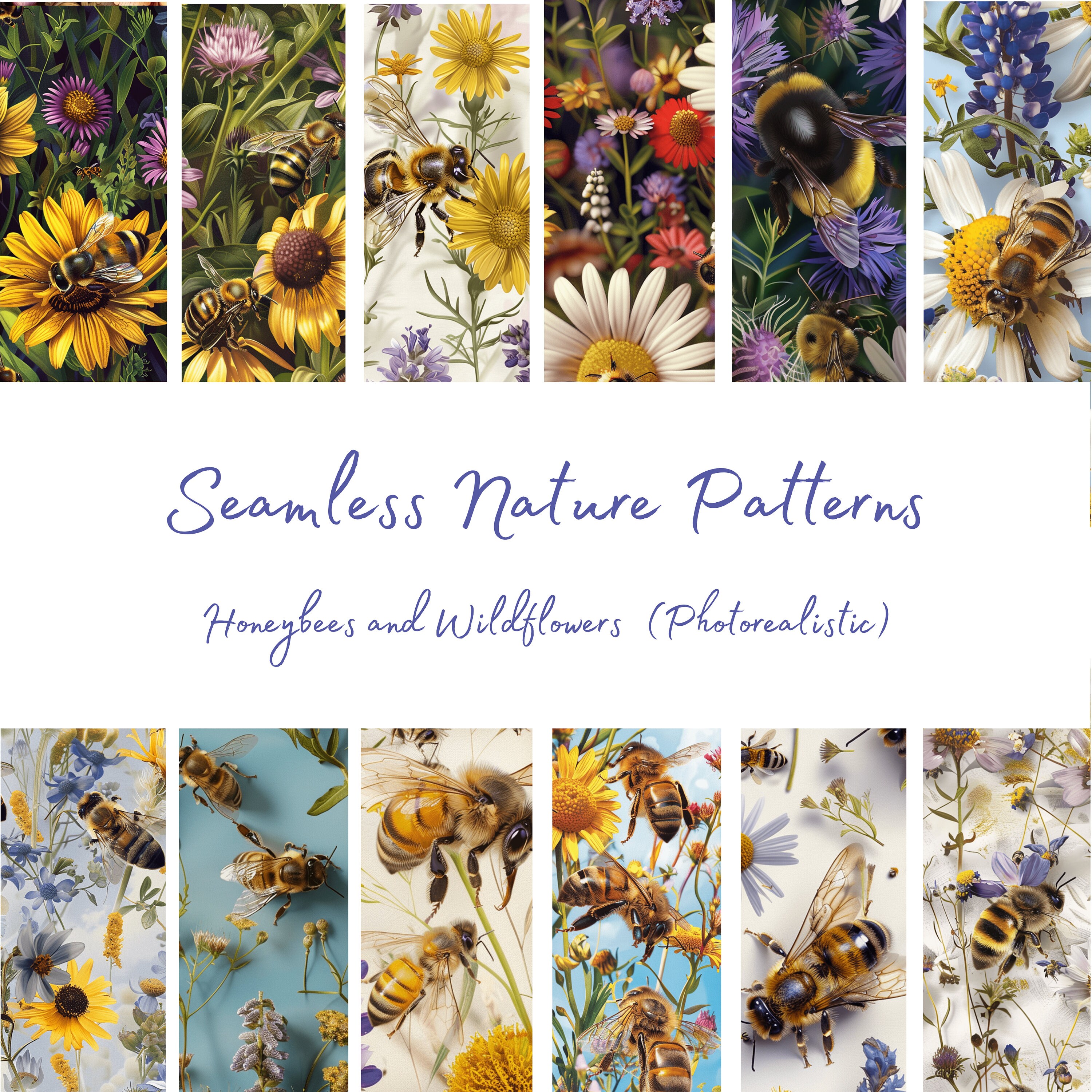 Seamless Nature Patterns, Honeybees and Wildflowers, Digital Paper ...
