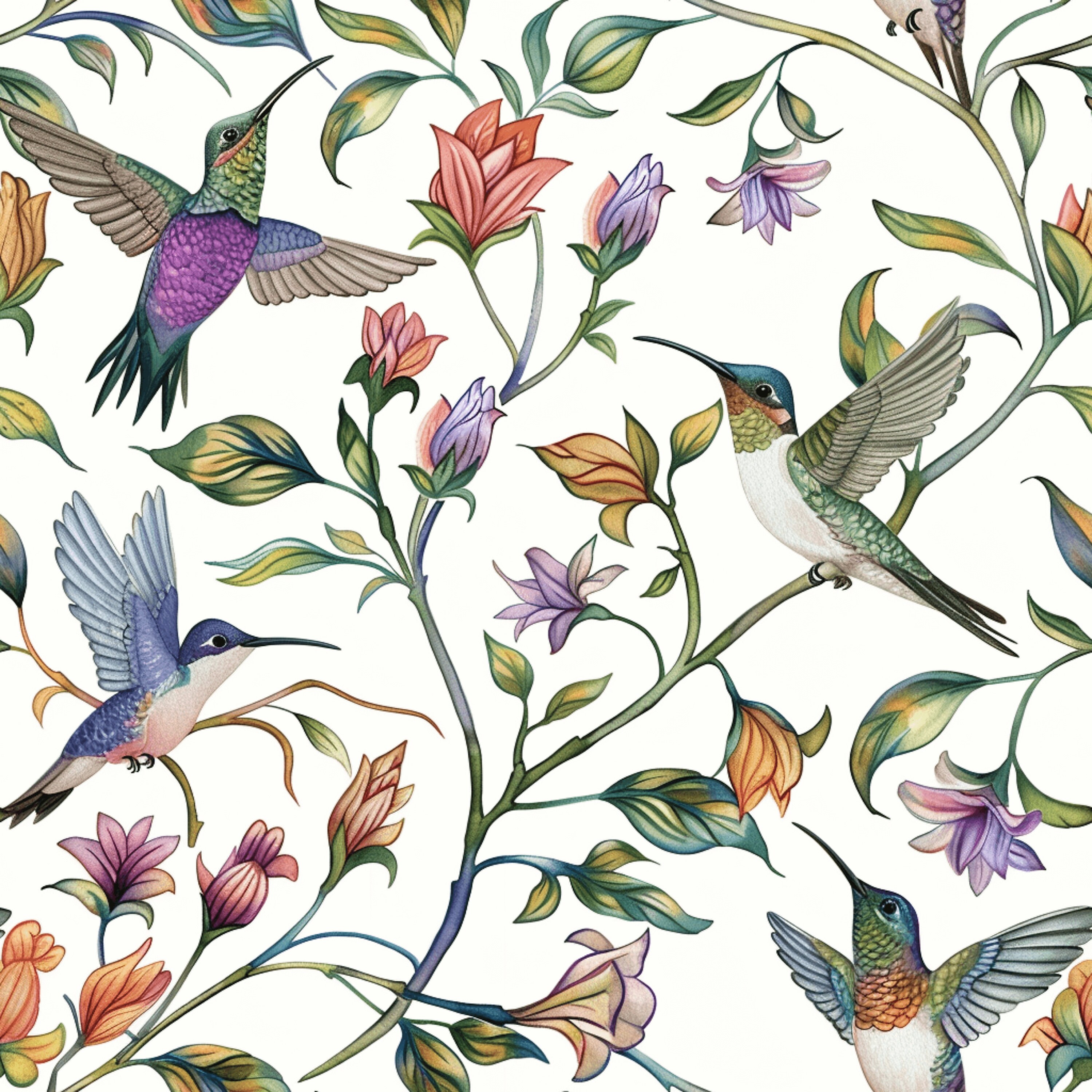Watercolor Hummingbird Seamless Pattern, William Morris Style (digital ...