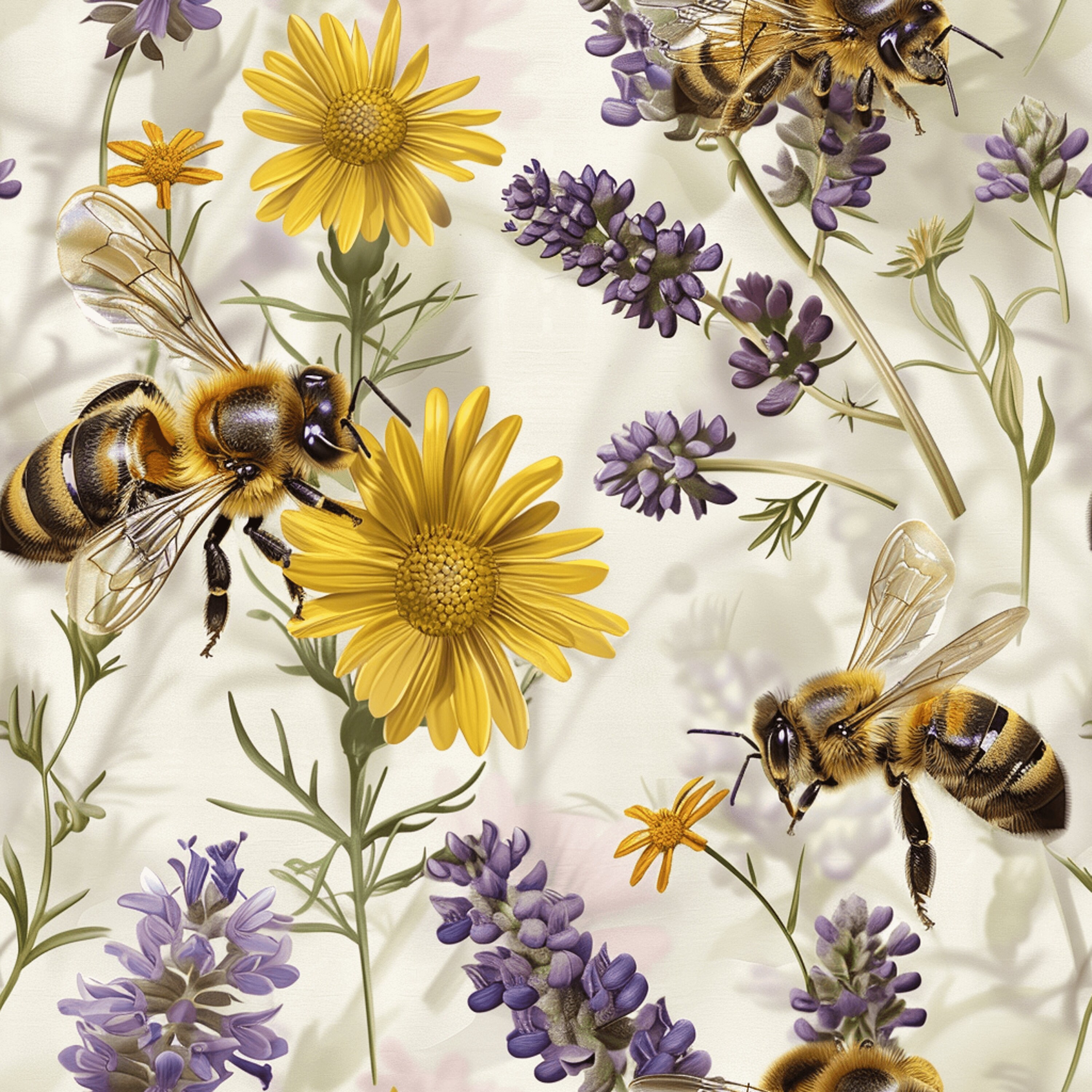 Honeybee Wildflower Seamless Pattern, Photorealistic Digital Paper ...