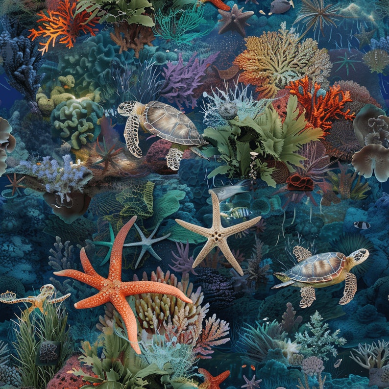 Sea Life, Coral Reef, Sea Turtles, Starfish, Jellyfish , Digital Paper ...