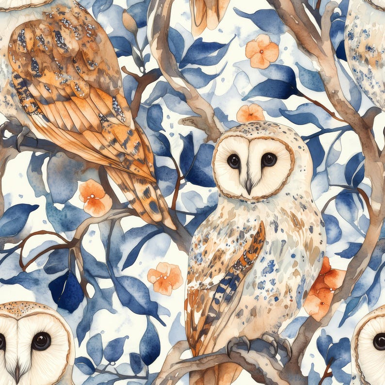 Nature Patterns, Wild Birds, Owls, Digital Paper Translucent Watercolor ...