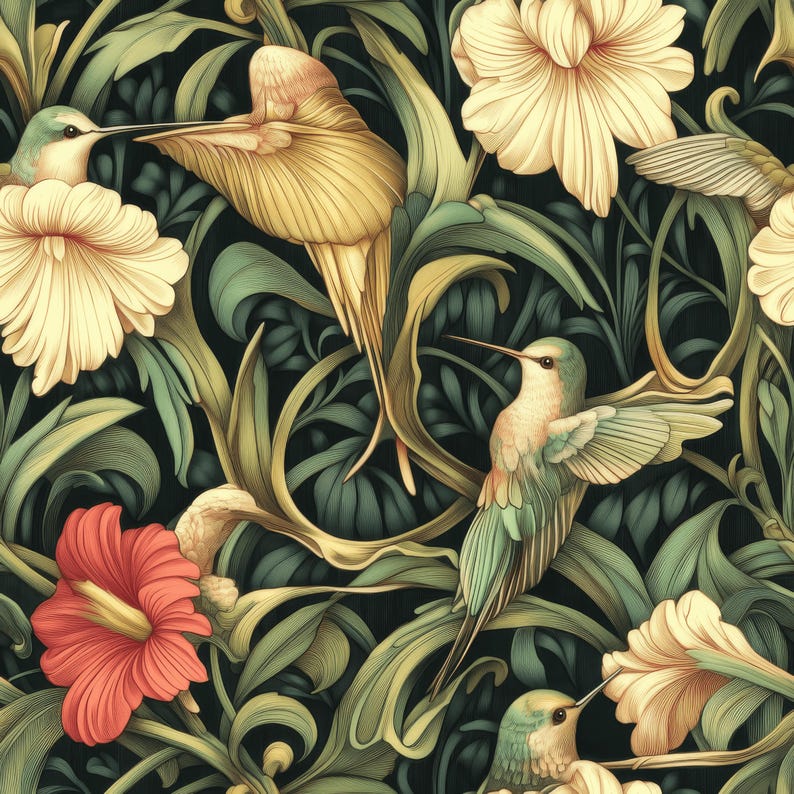 Seamless Nature Patterns, Wild Birds, Hummingbirds,art Nouveau Style ...