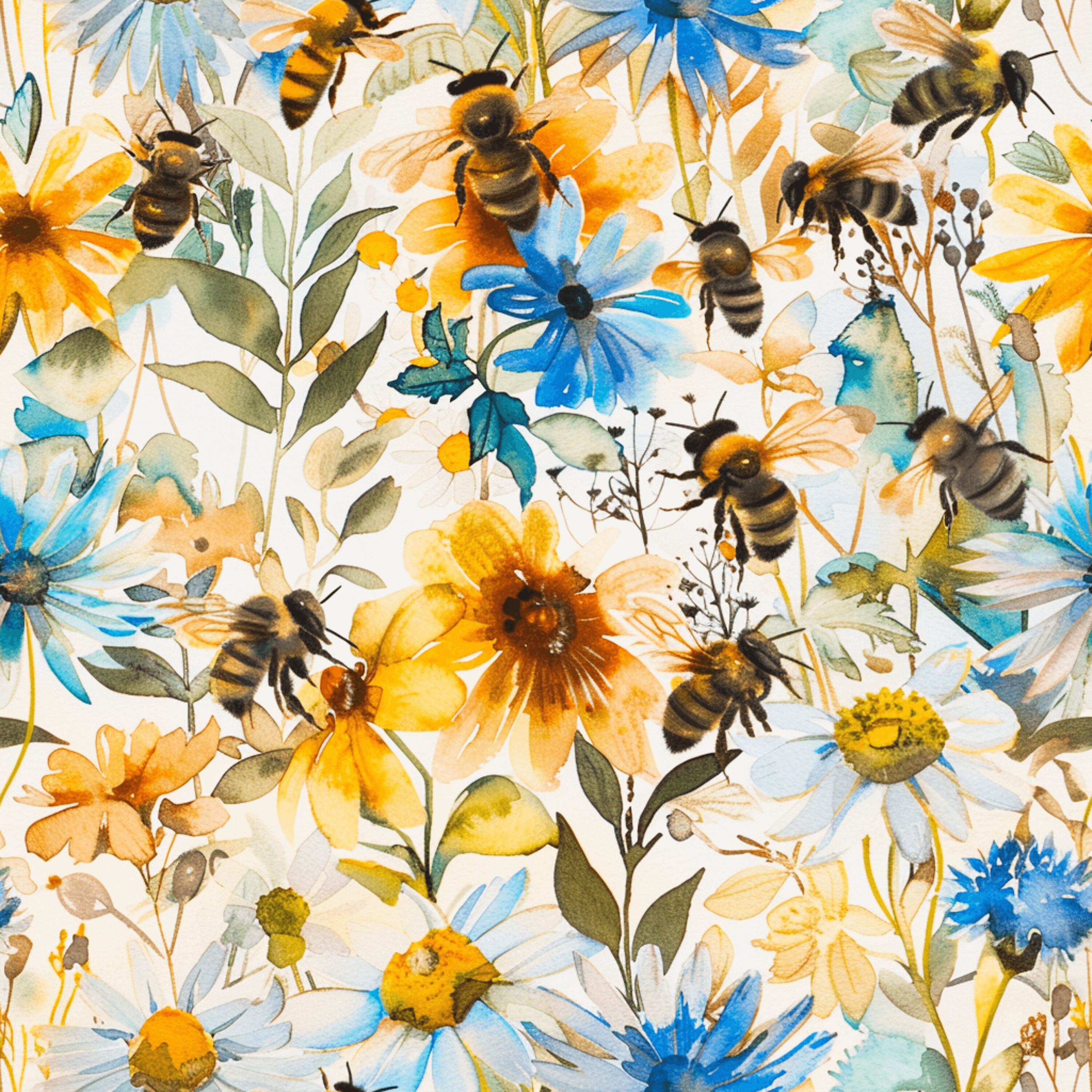 Seamless Nature Patterns, Translucent Watercolor, Honeybees and ...