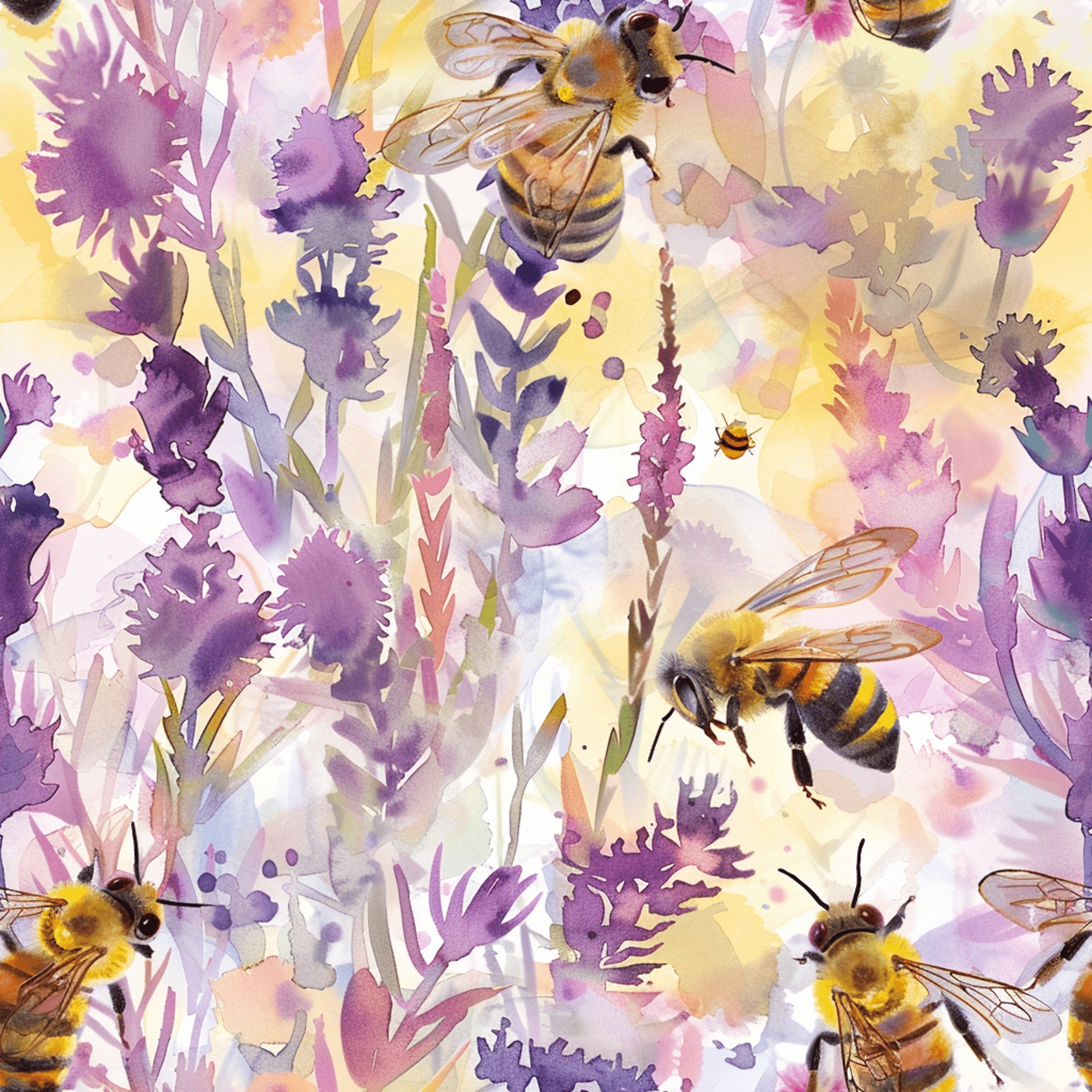 Seamless Nature Patterns, Translucent Watercolor, Honeybees and ...