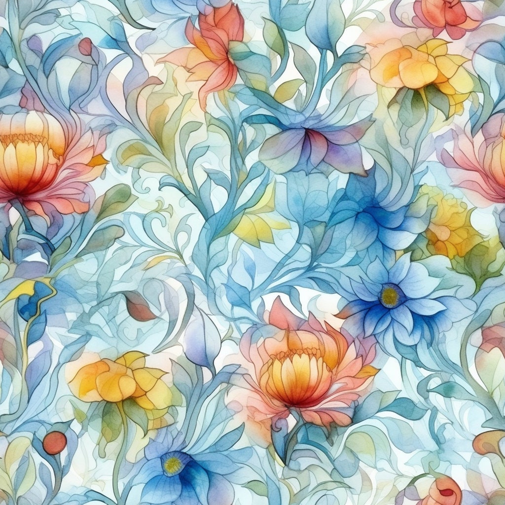 Floral Wildflowers Digital Paper Translucent Watercolor William Morris ...
