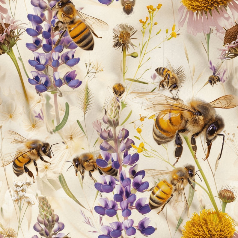 Honeybee Wildflower Seamless Pattern, Photorealistic Digital Paper ...