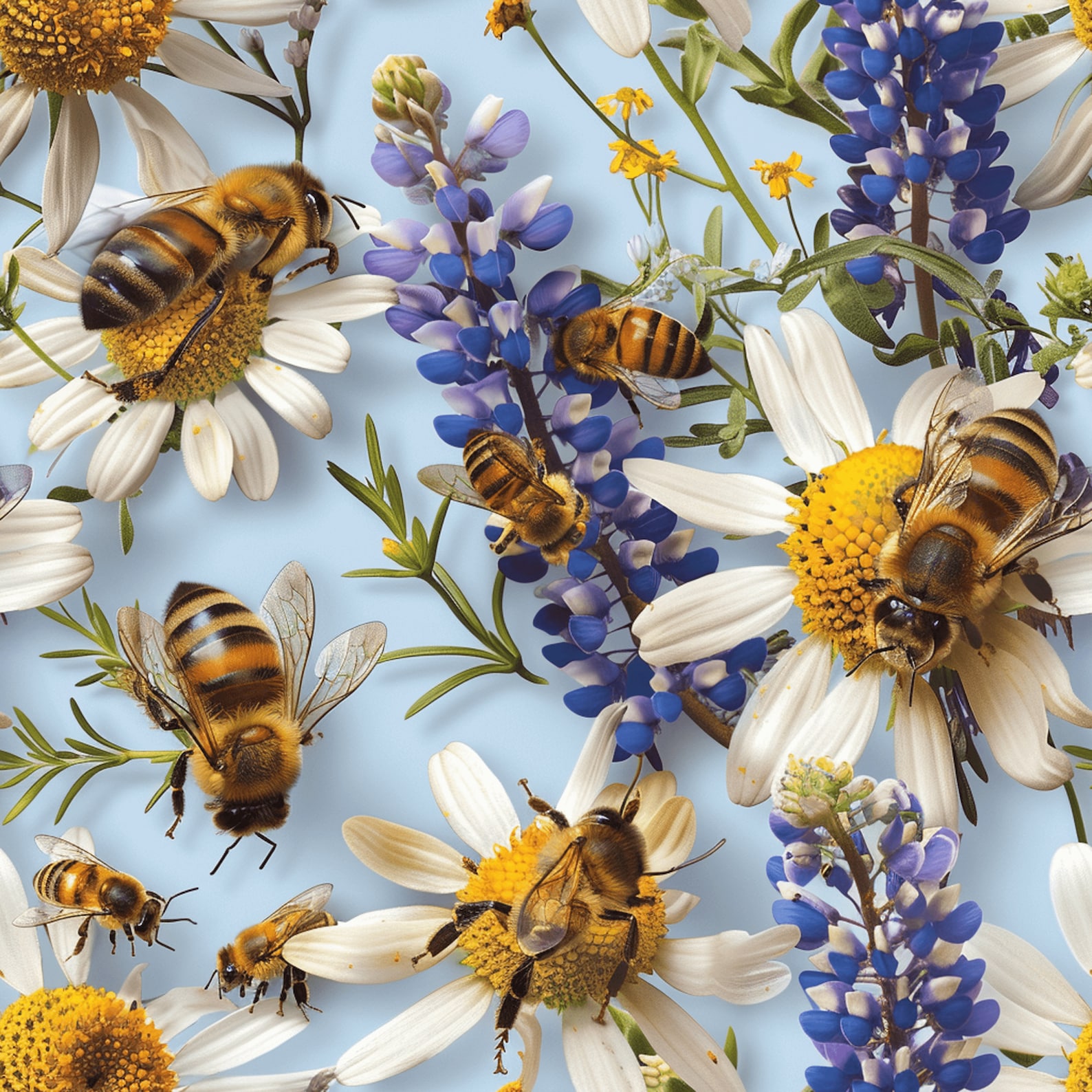 Honeybee Wildflower Seamless Pattern, Photorealistic Digital Paper ...